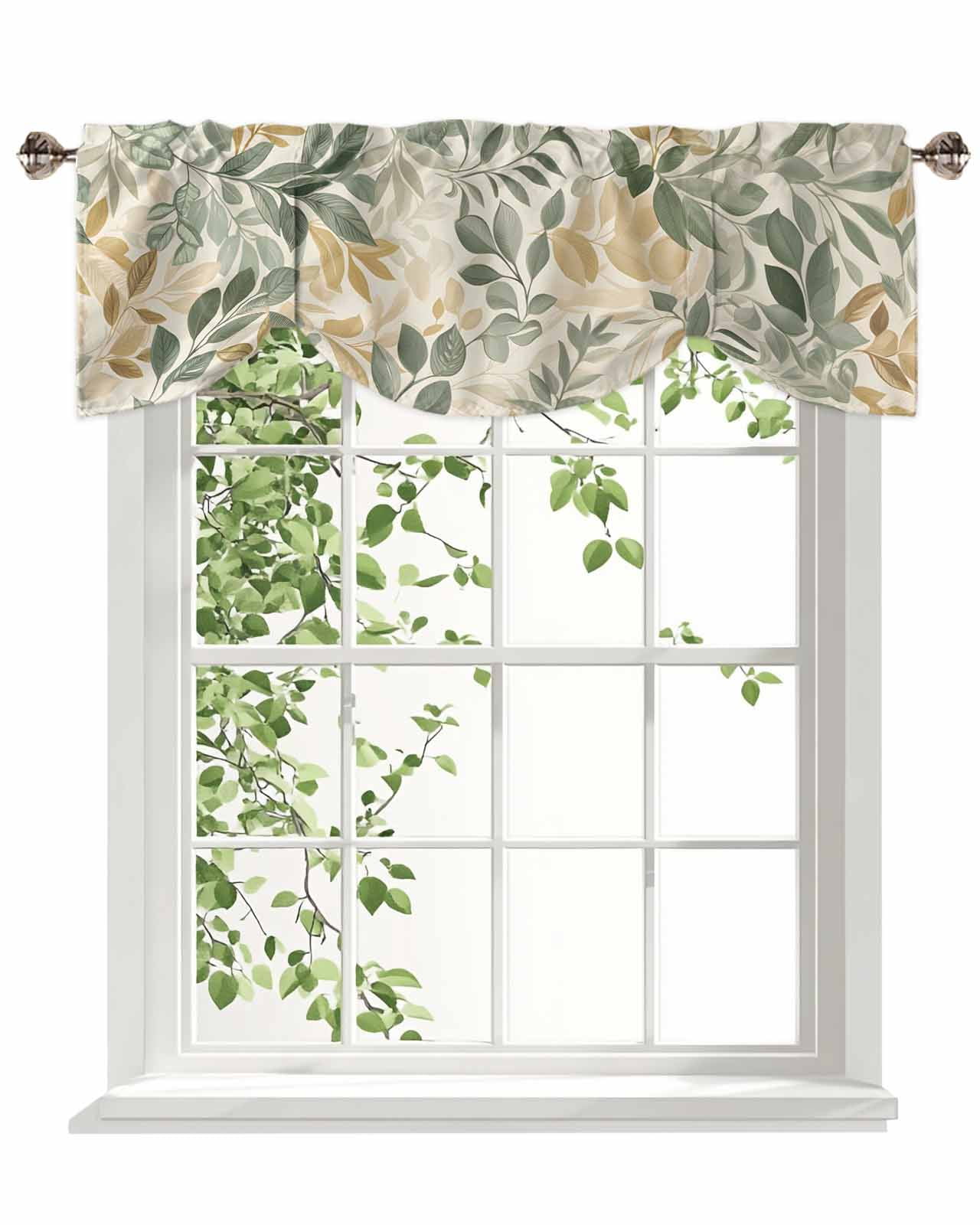 Tie Up Valance Curtain for Kitchen, Sage Green Leaf Spring Plant Rod ...