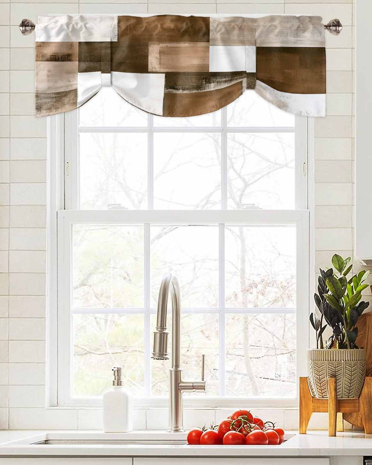 Tie Up Valance Curtain for Kitchen,Shabby Abstract Brown Color Block ...