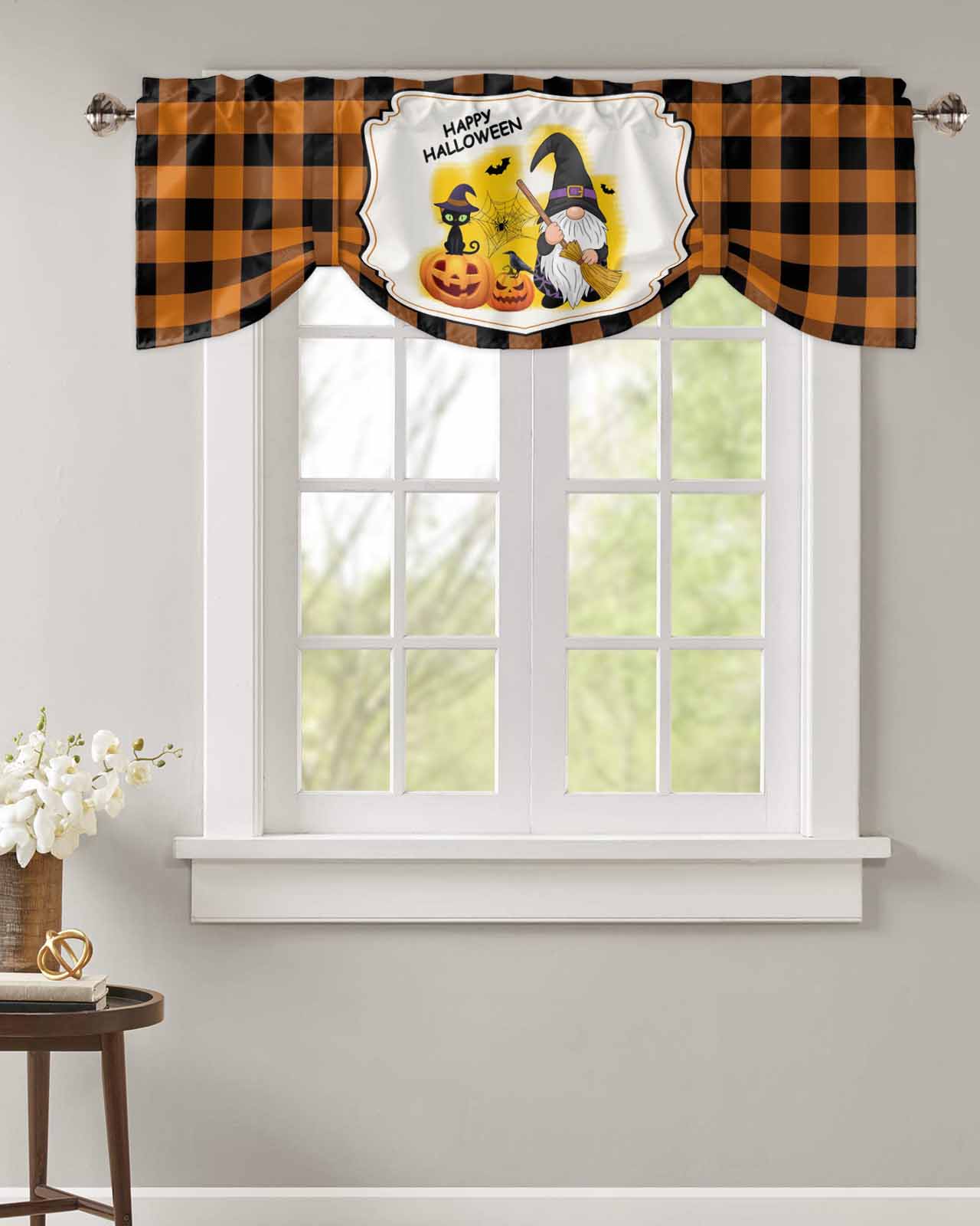 Tie Up Valance Curtain for Kitchen,Spooky Halloween Gnome on Pumpkins ...