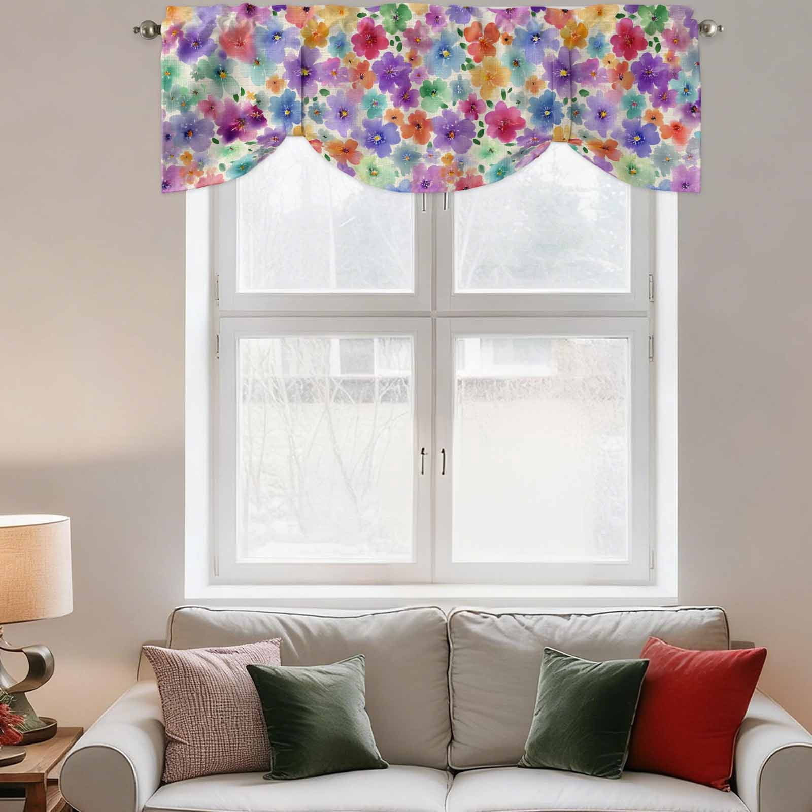 Tie Up Valance Curtain for Kitchen,Spring Colorful Blossom Flower Rod ...