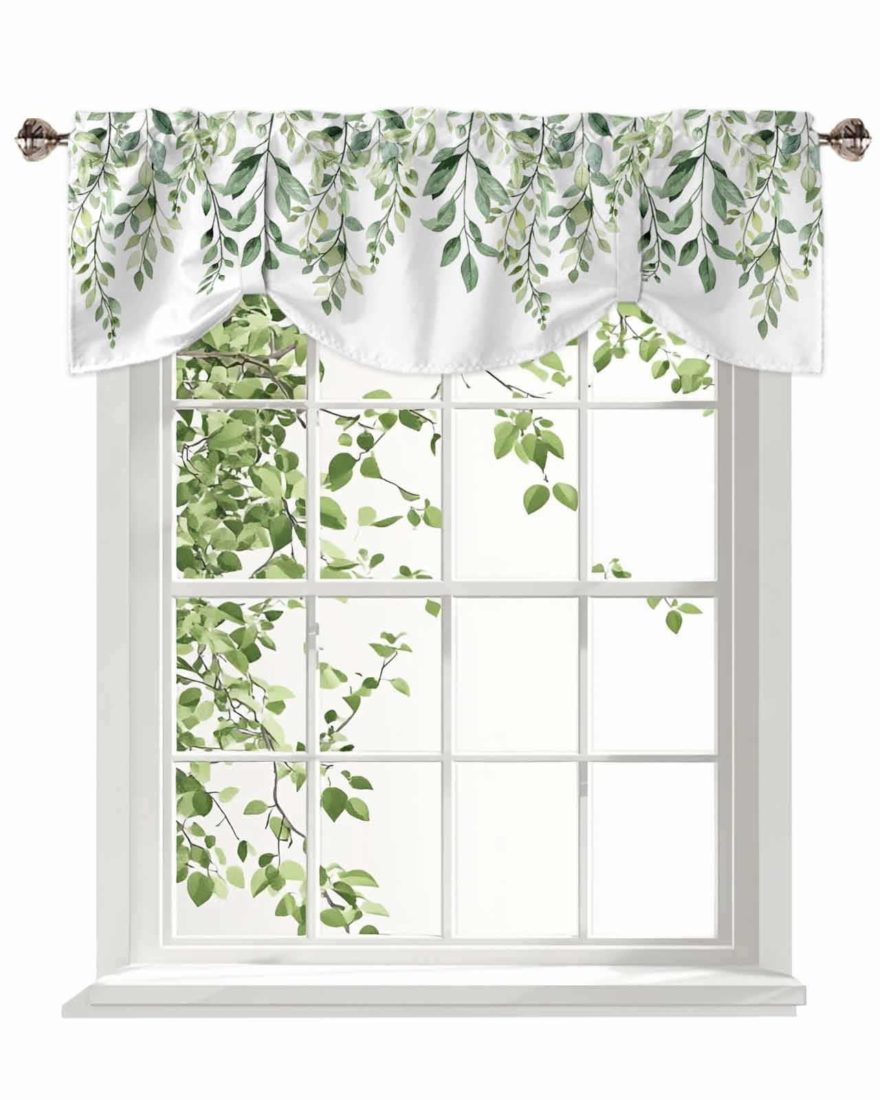 Tie Up Valance Curtain for Kitchen, Spring Sage Green Leaves Watercolor ...