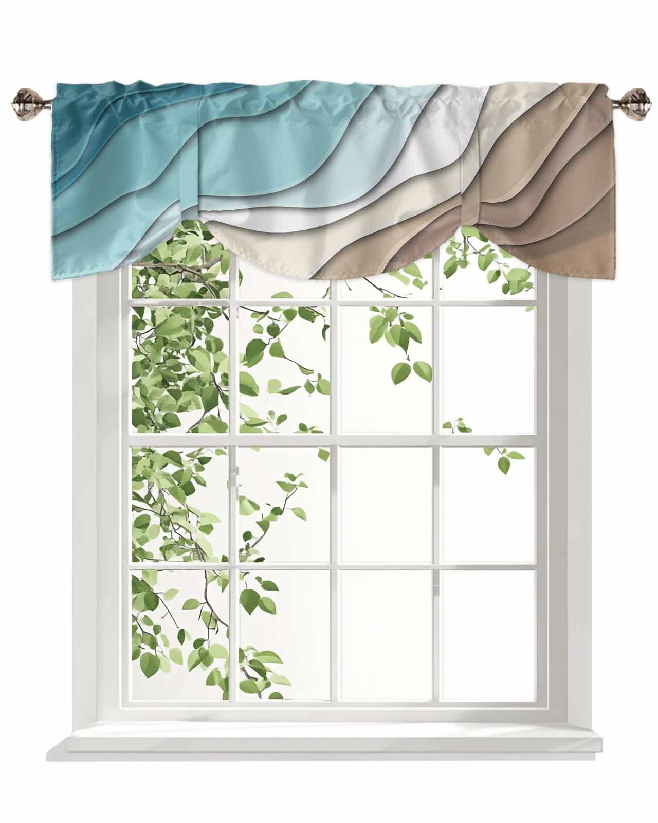 Tie Up Valance Curtain for Kitchen, Teal Stripes Gradient Water Ripple ...