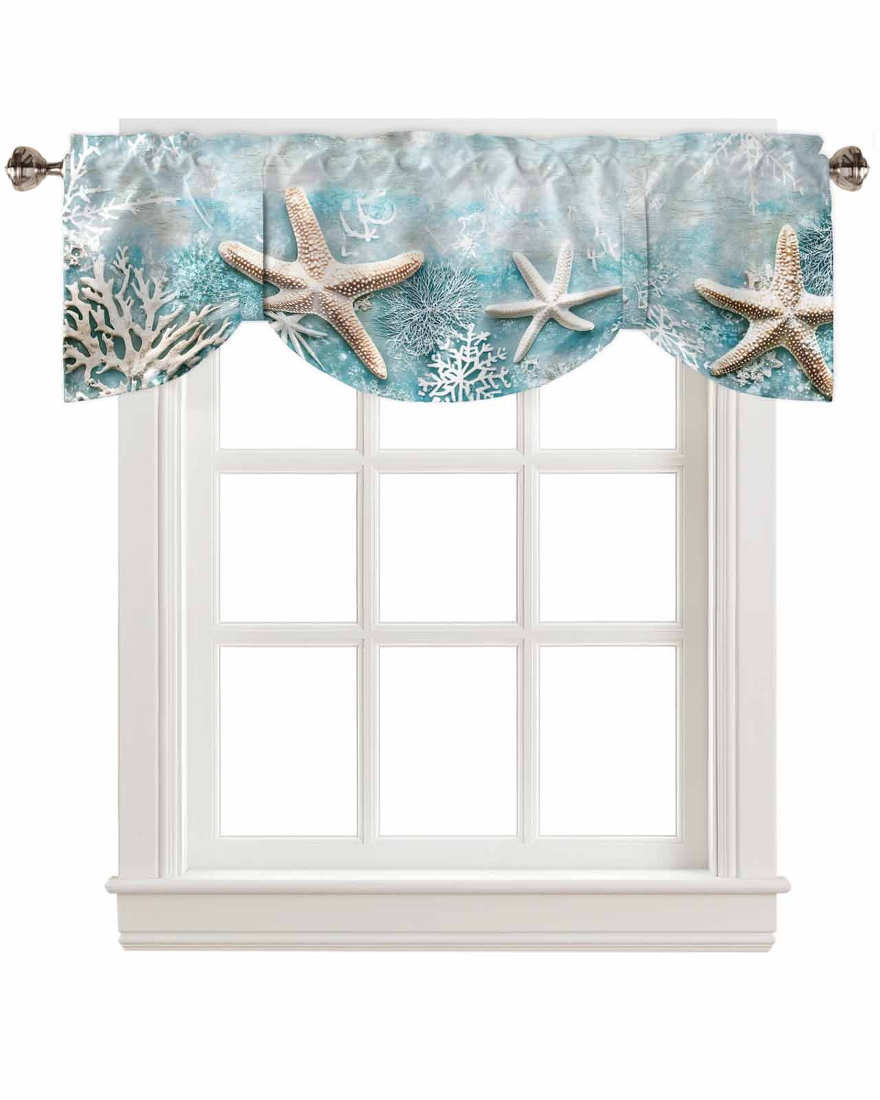 Tie Up Valance Curtain for Kitchen,Tropical Summer Beach Starfish on Blue Rod Pocket Short ...