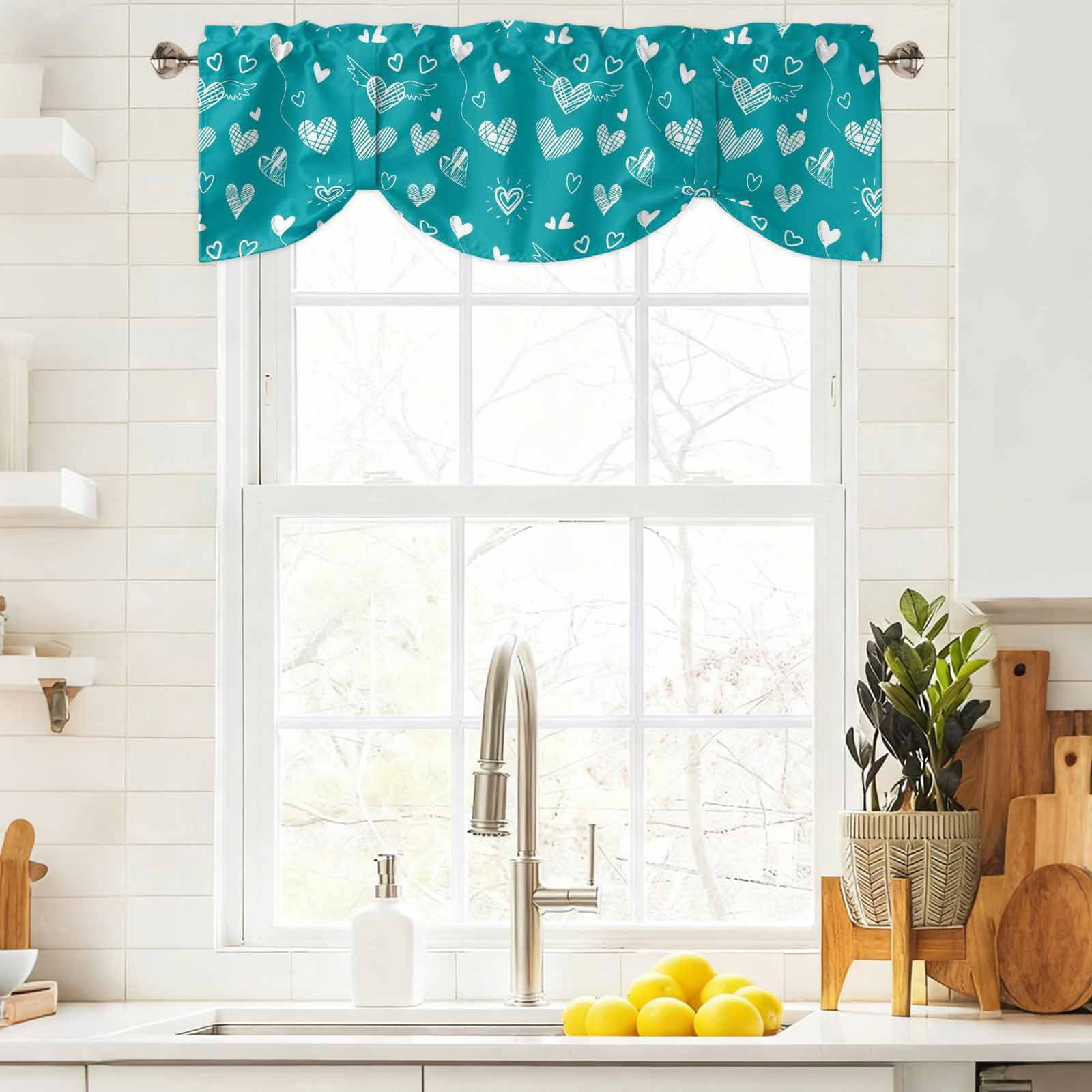 Tie Up Valance Curtain for Kitchen,Valentine's Day Love on Green Rod ...