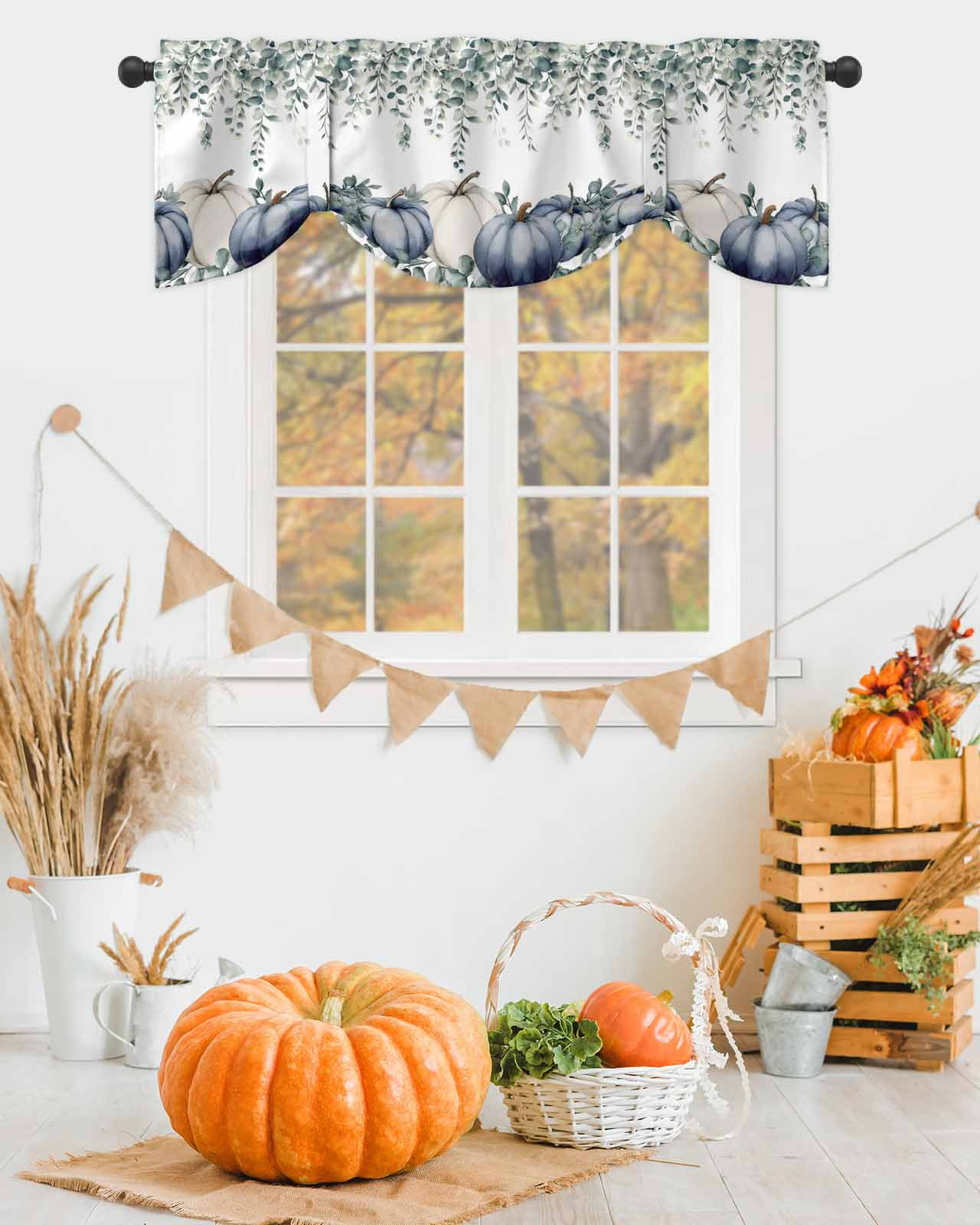 Tie Up Valance Curtain for Kitchen,Watercolor Autumn Pumpkin Rod Pocket ...