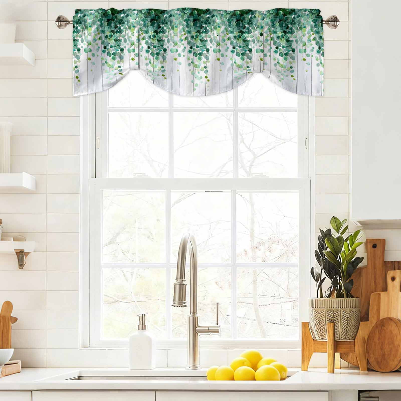 Tie Up Valance Curtain for Kitchen,Watercolor Green Botanical Leaves ...