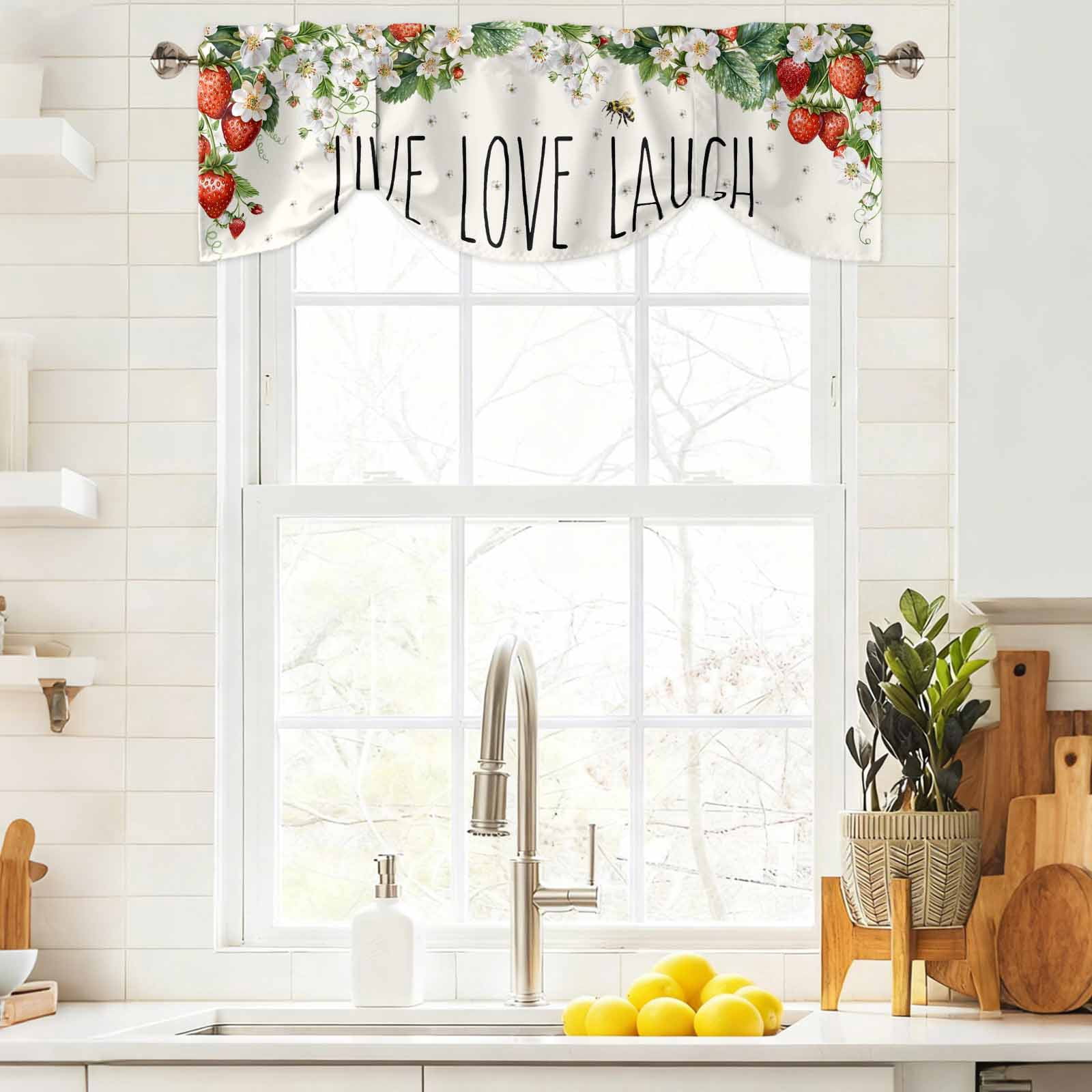 Tie Up Valance Curtain for Kitchen,Watercolor Rustic Strawberry Flower ...