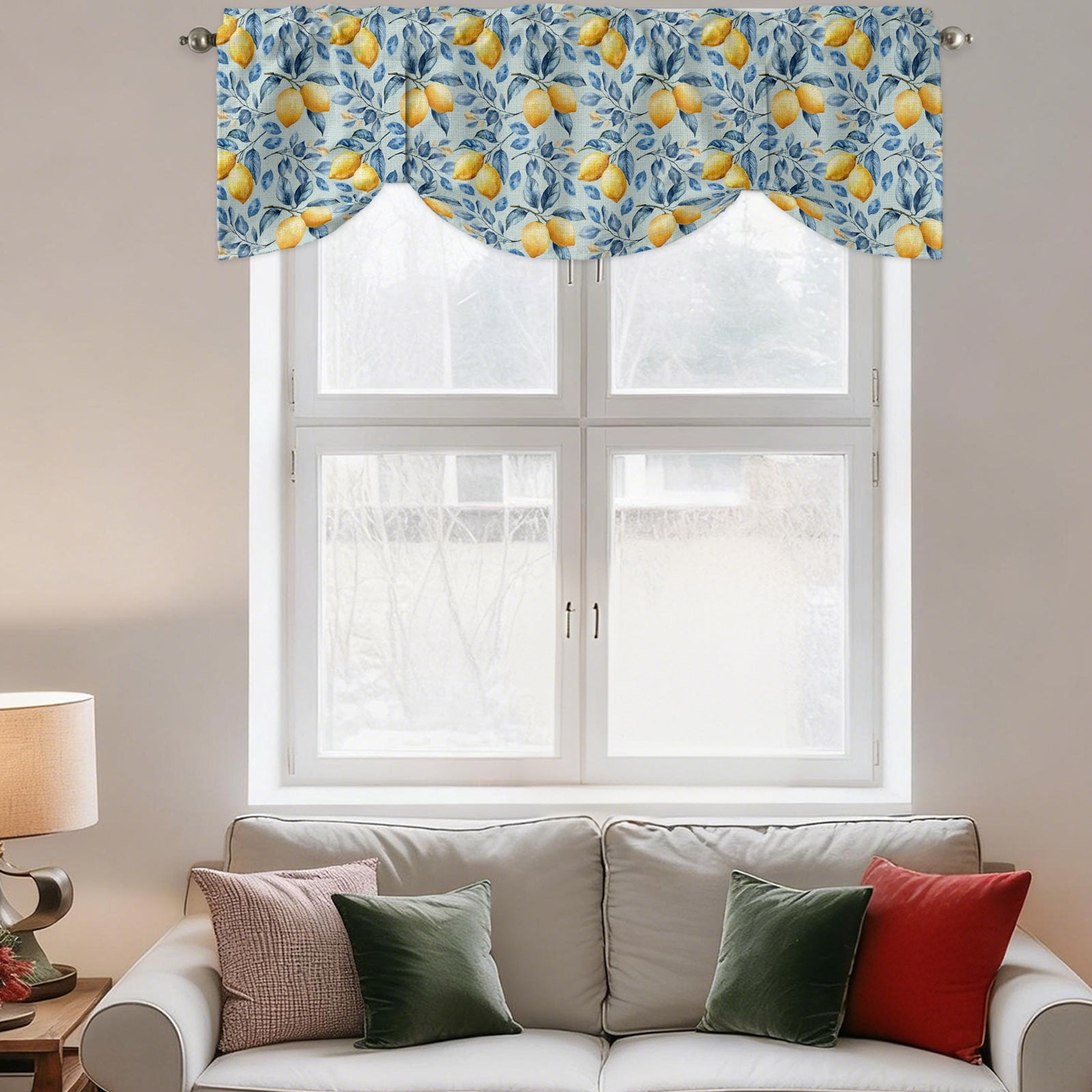 Tie Up Valance Curtain for Kitchen,Watercolor Yellow Lemon Leaves on ...