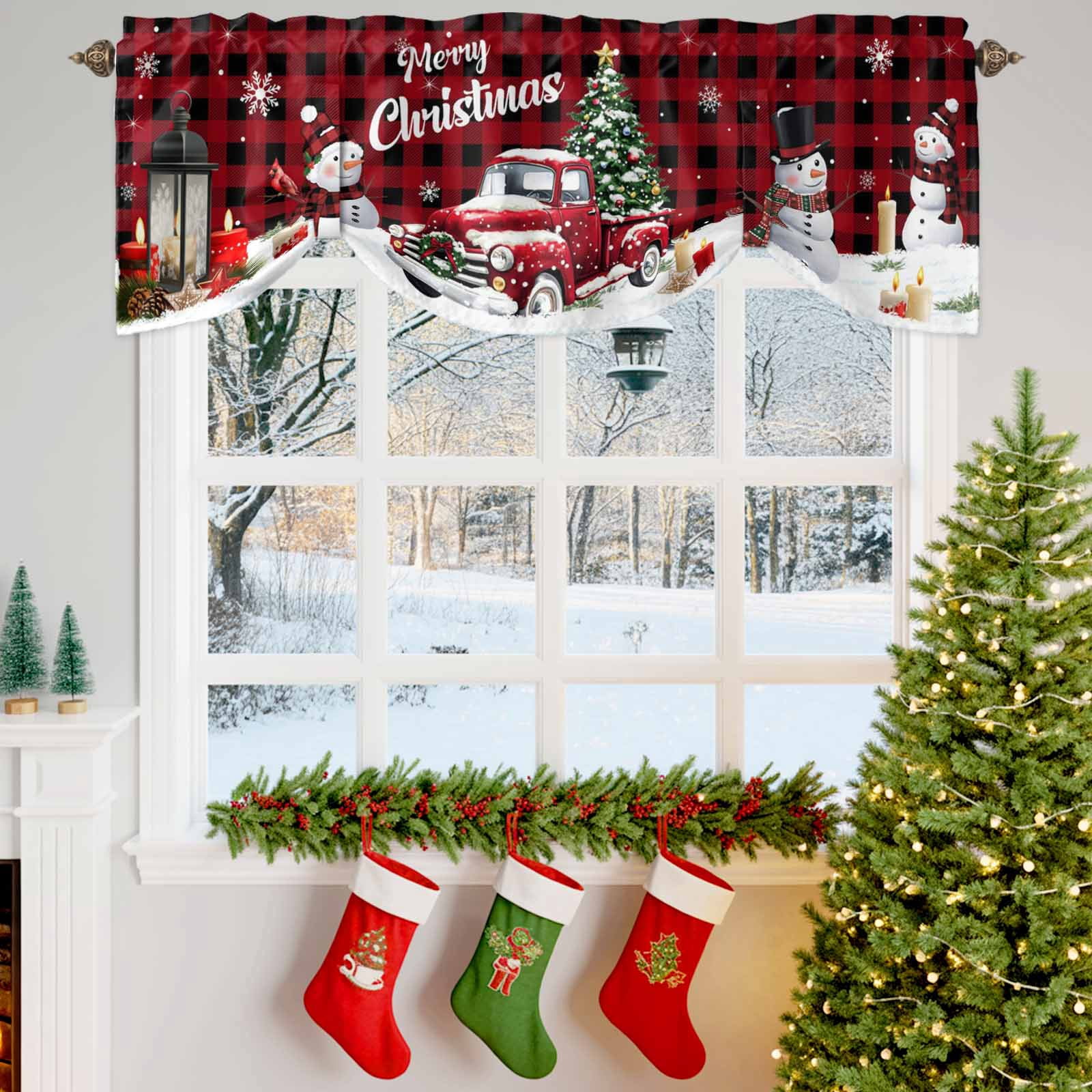 Tie Up Valance Curtain for Kitchen,Winter Christmas Tree Farm Truck Rod ...