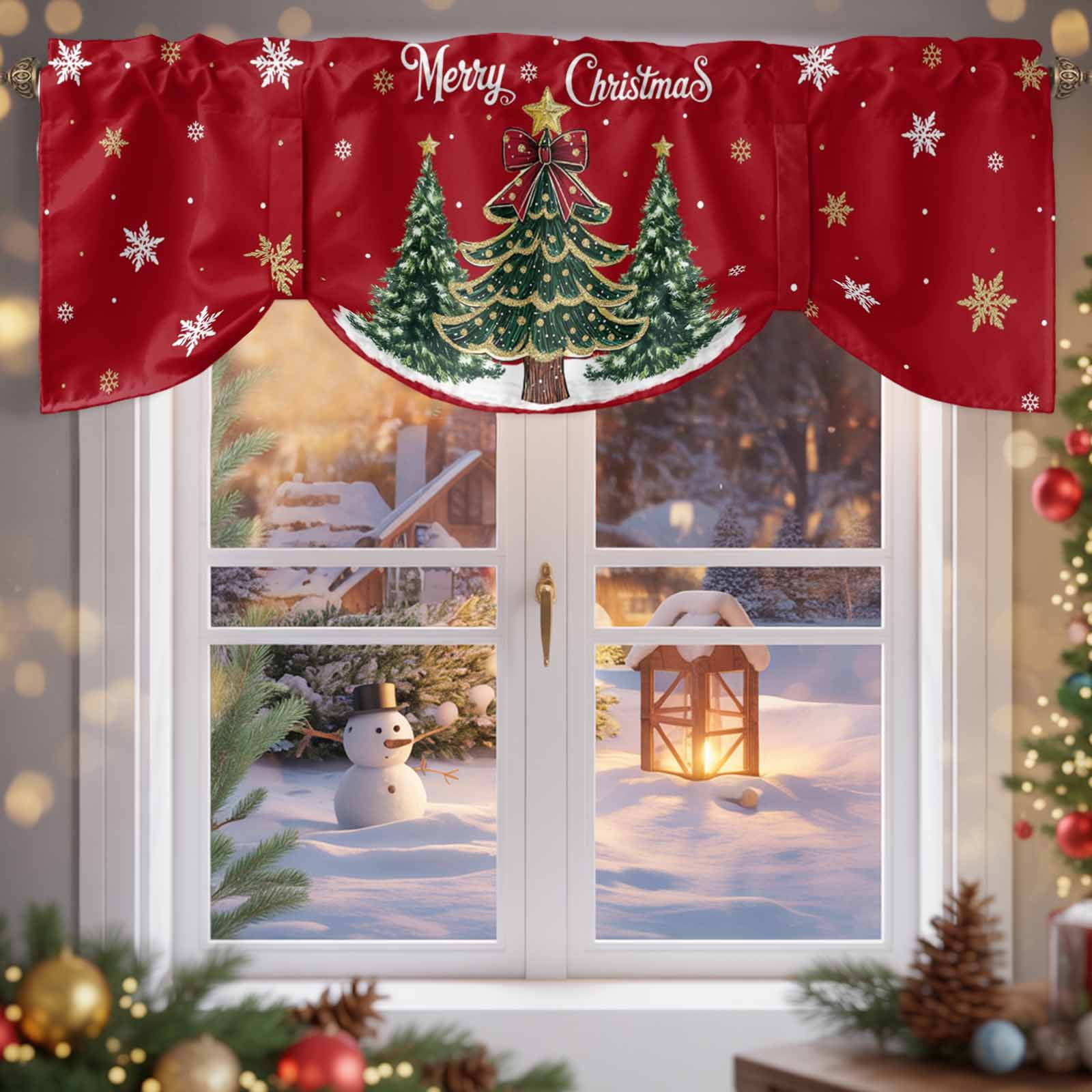 Tie Up Valance Curtain for Kitchen,Xmas Bow Star Tree Rod Pocket Short ...