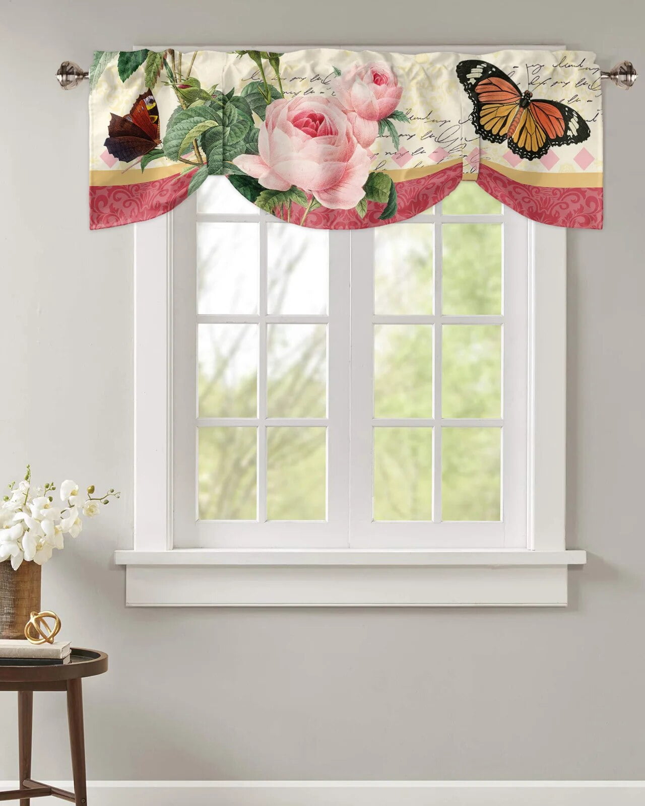 Tie Up Valance for Windows Antique Plant Flower Pink Rose Butterfly ...