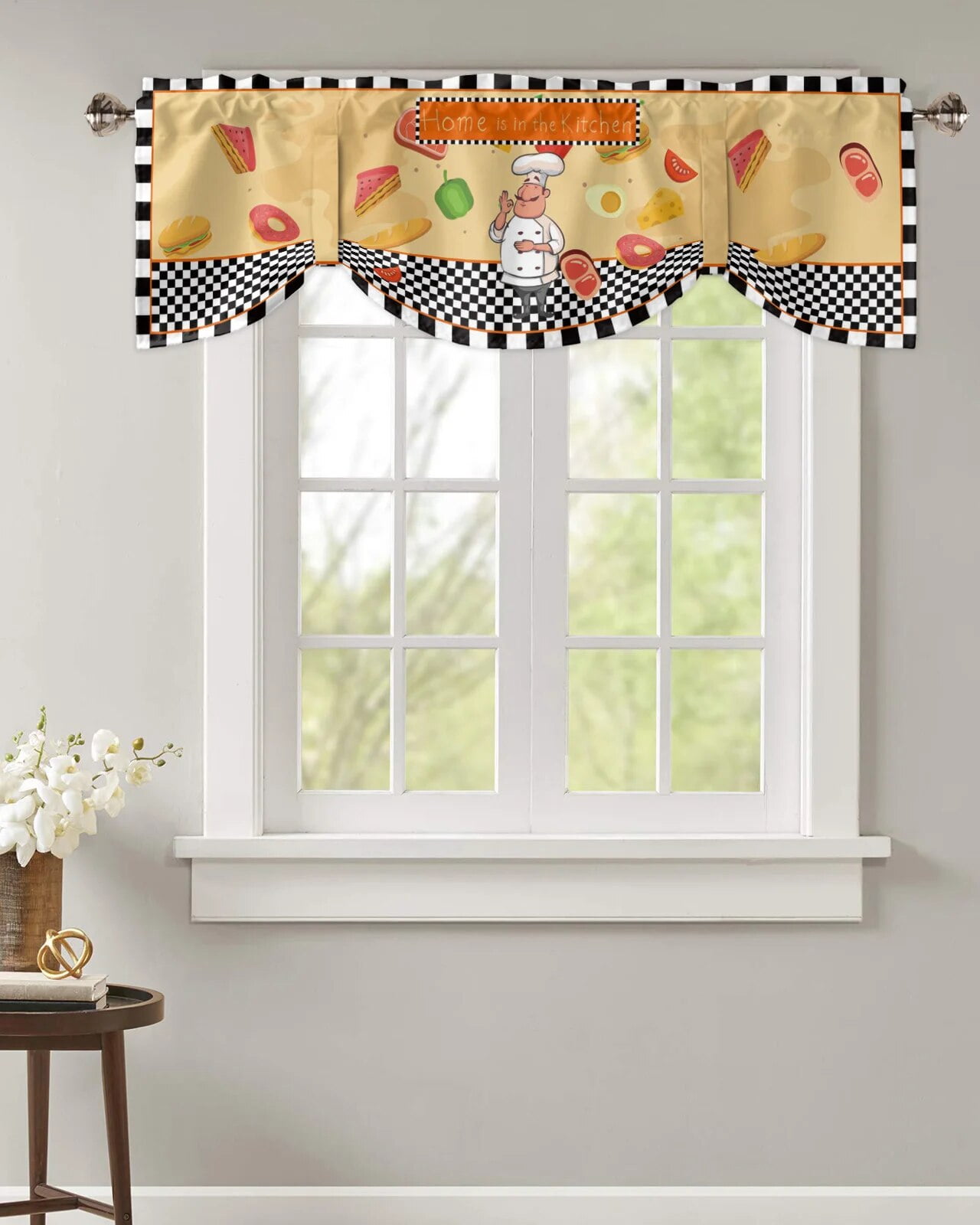 Tie Up Valance for Windows Kitchen Cook Vegetables Meat Dessert Plaid ...