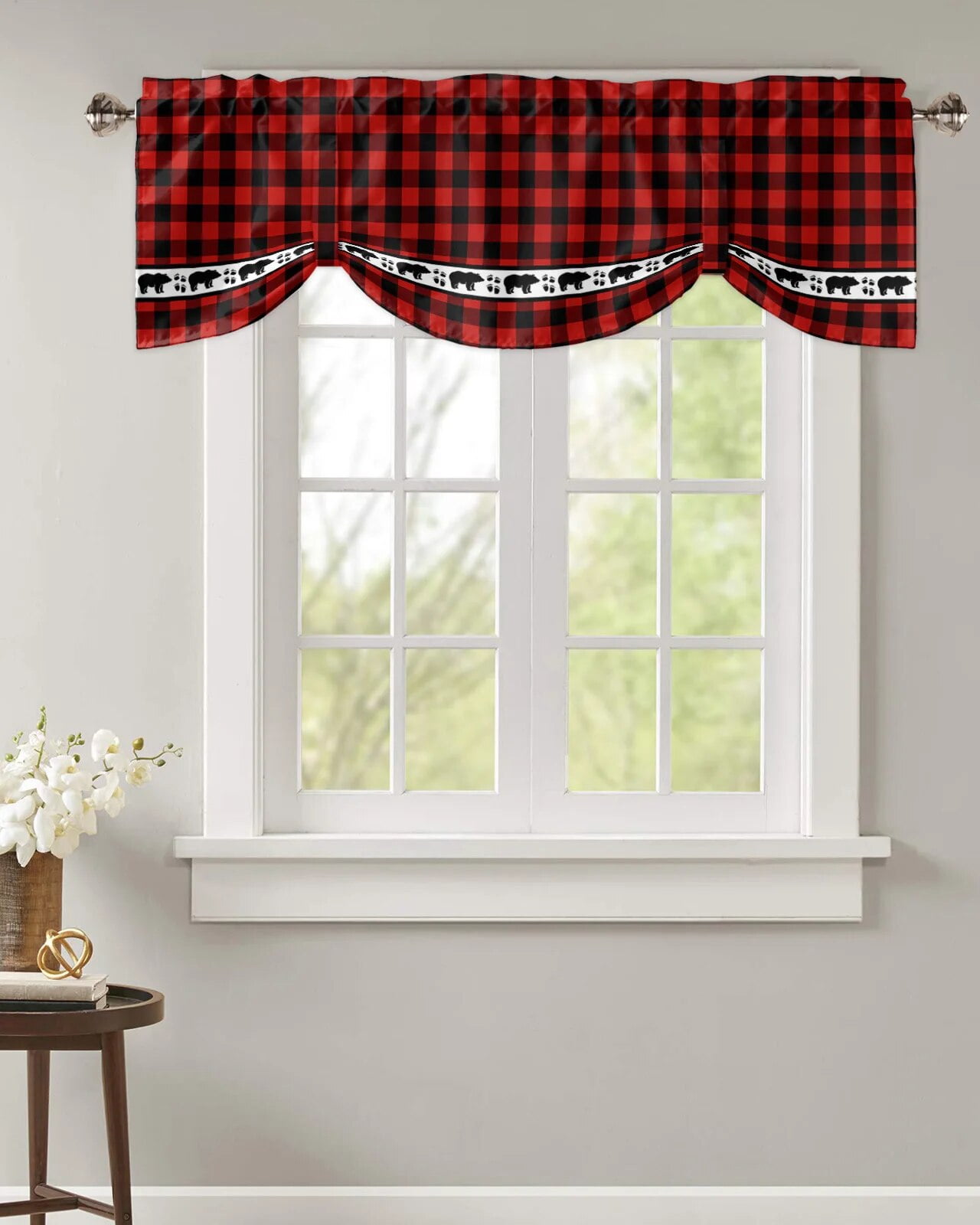 Tie Up Valance for Windows Red And Black Plaid Forest Animals Bears ...