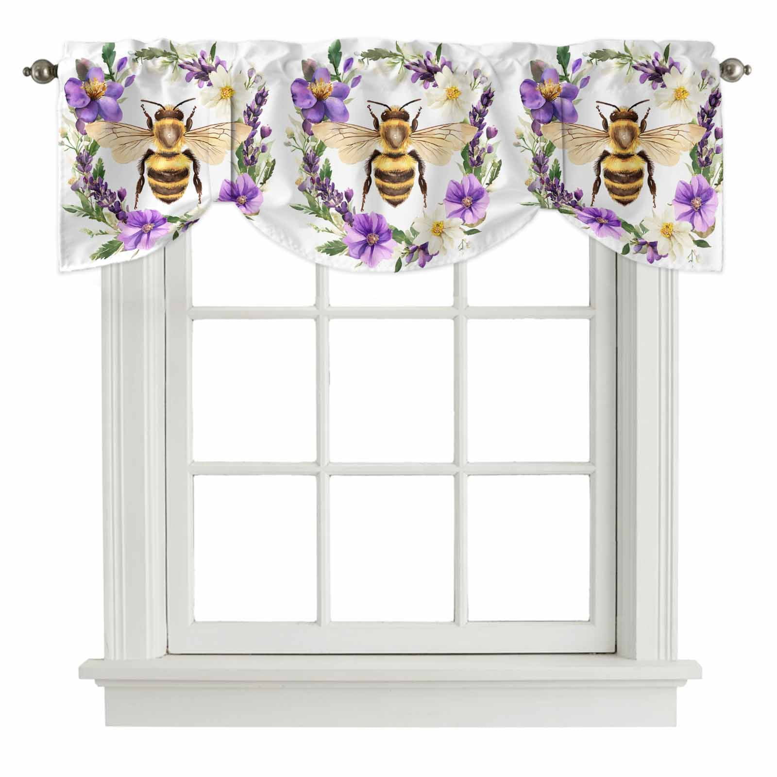 Tie Up Valances for Windows, Bee Floral Wreath Adjustable Valance ...