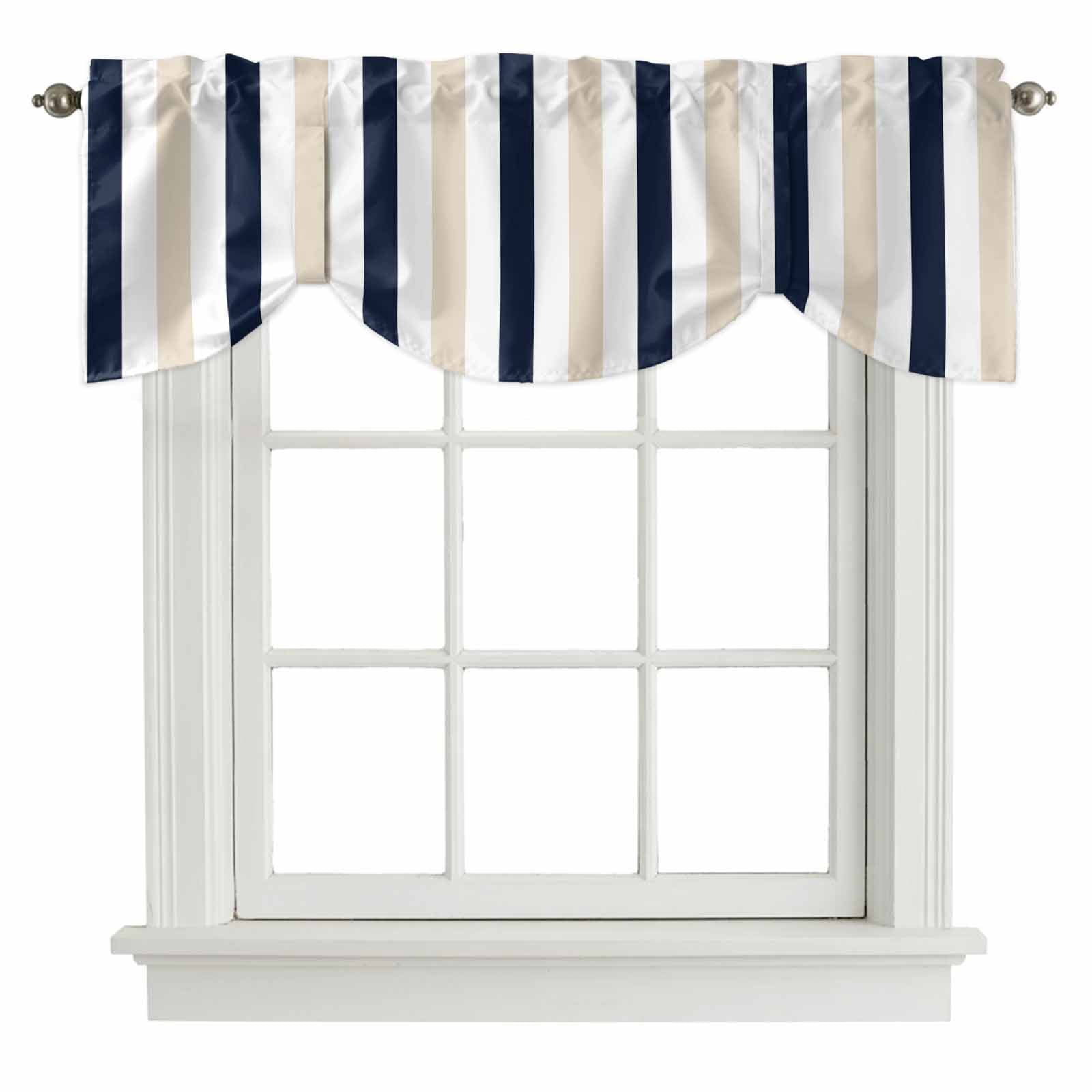 Tie Up Valances for Windows, Beige Navy Blue Striped Adjustable Valance ...