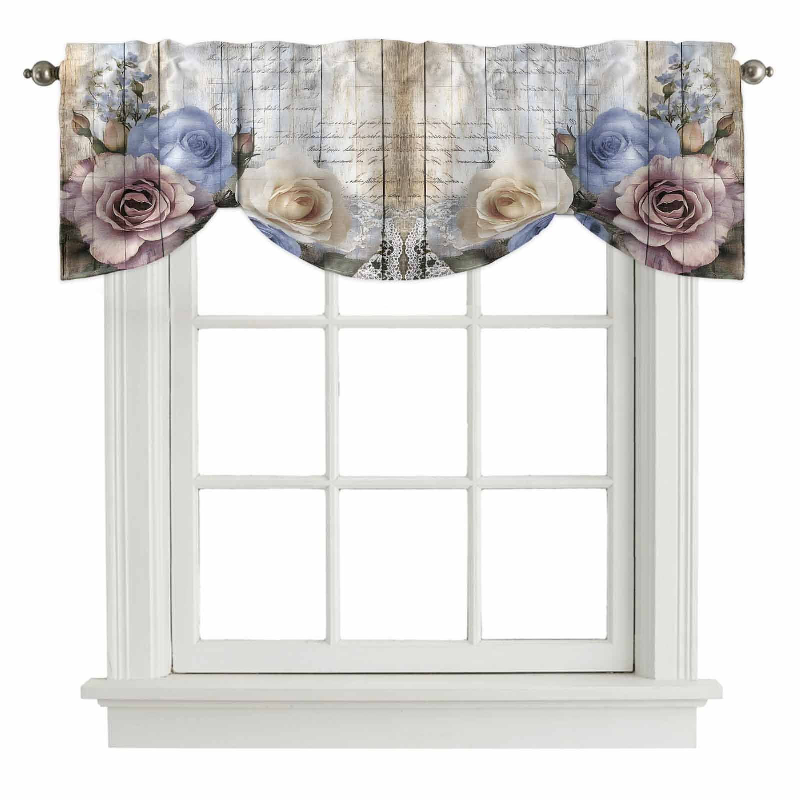 Tie Up Valances for Windows, Blue Pink Roses Adjustable Valance ...