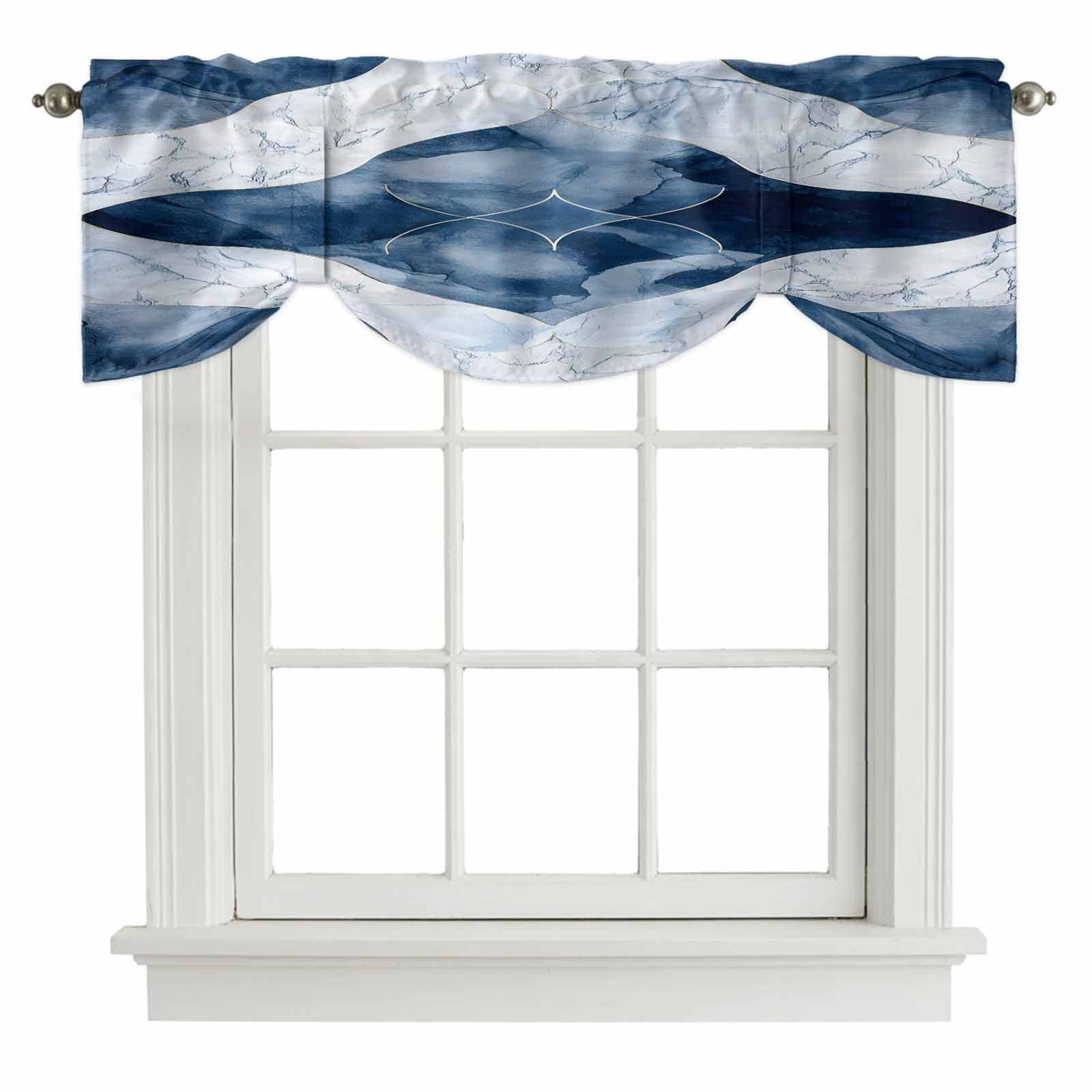 Tie Up Valances for Windows, Blue White Abstract Marble Adjustable ...