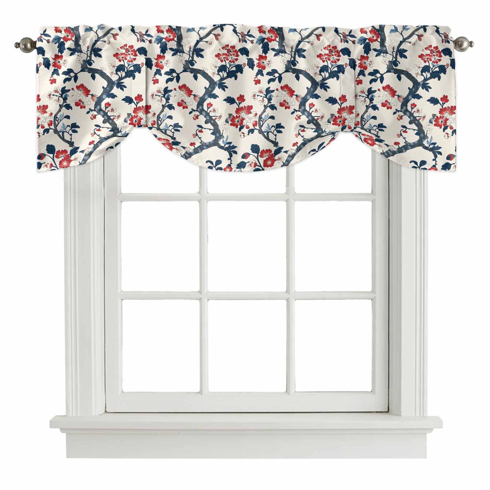 Tie Up Valances for Windows, Red Blue Botanical Adjustable Valance ...