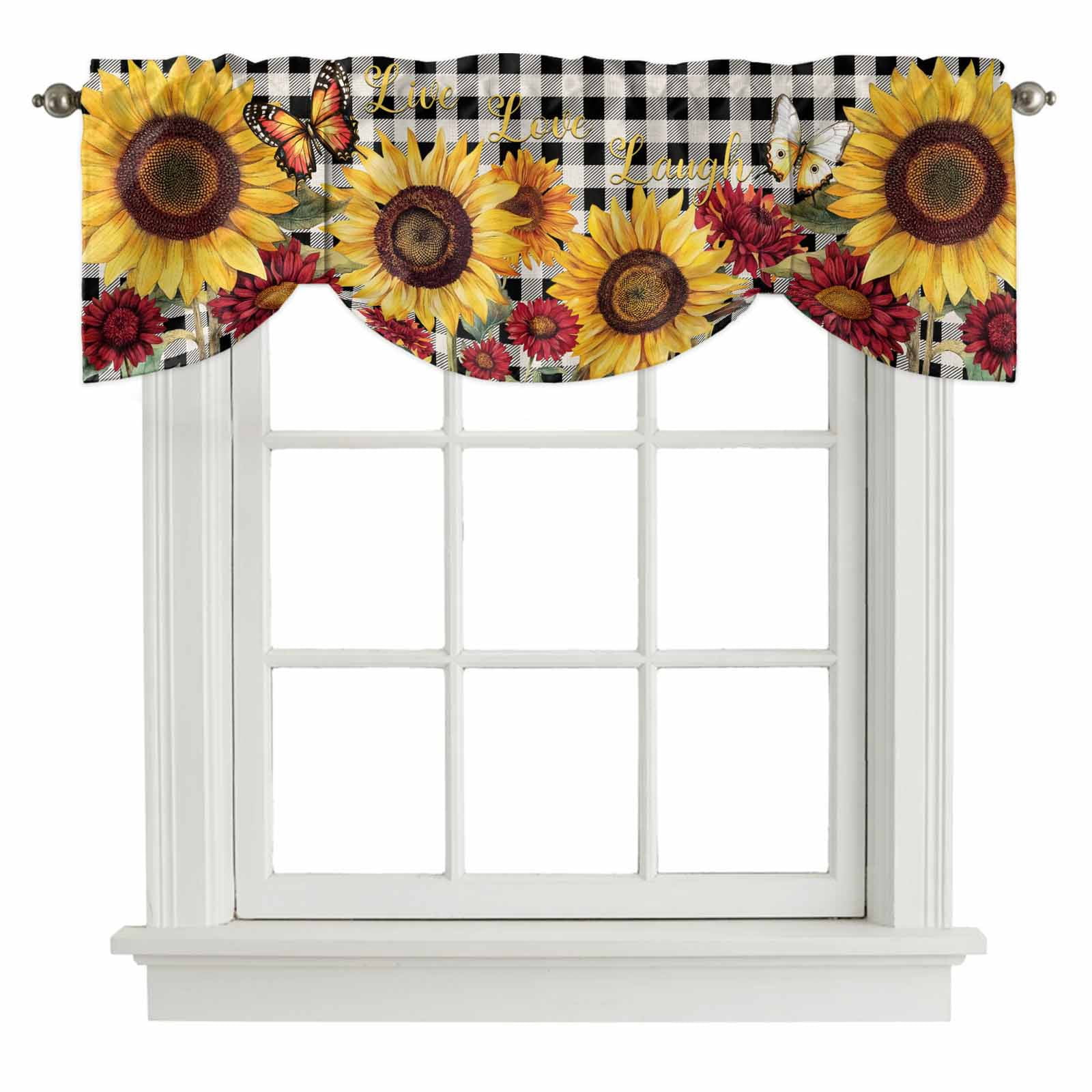Tie Up Valances for Windows, Sunflower Black Check Adjustable Valance ...