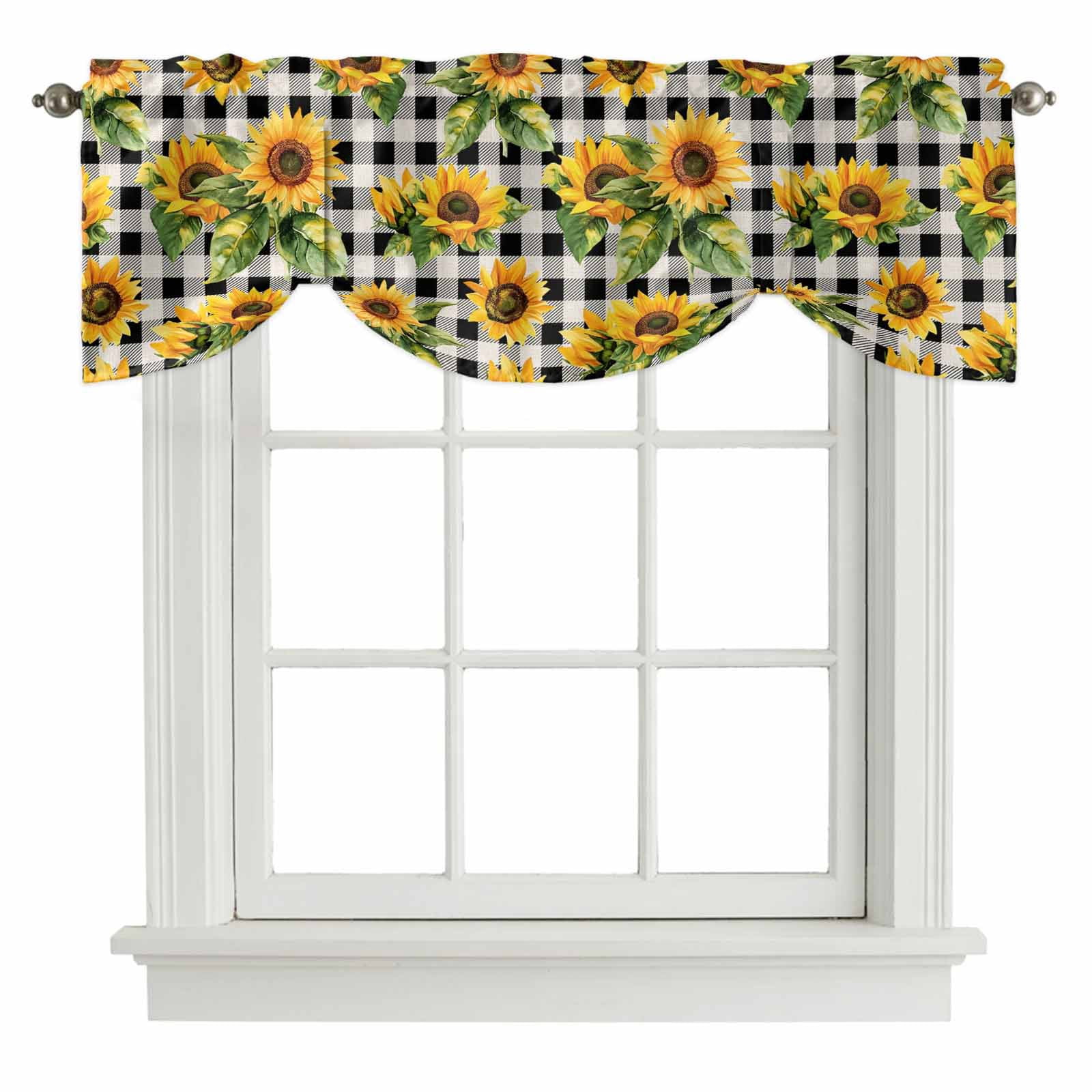 Tie Up Valances for Windows, Sunflower Black Check Adjustable Valance ...