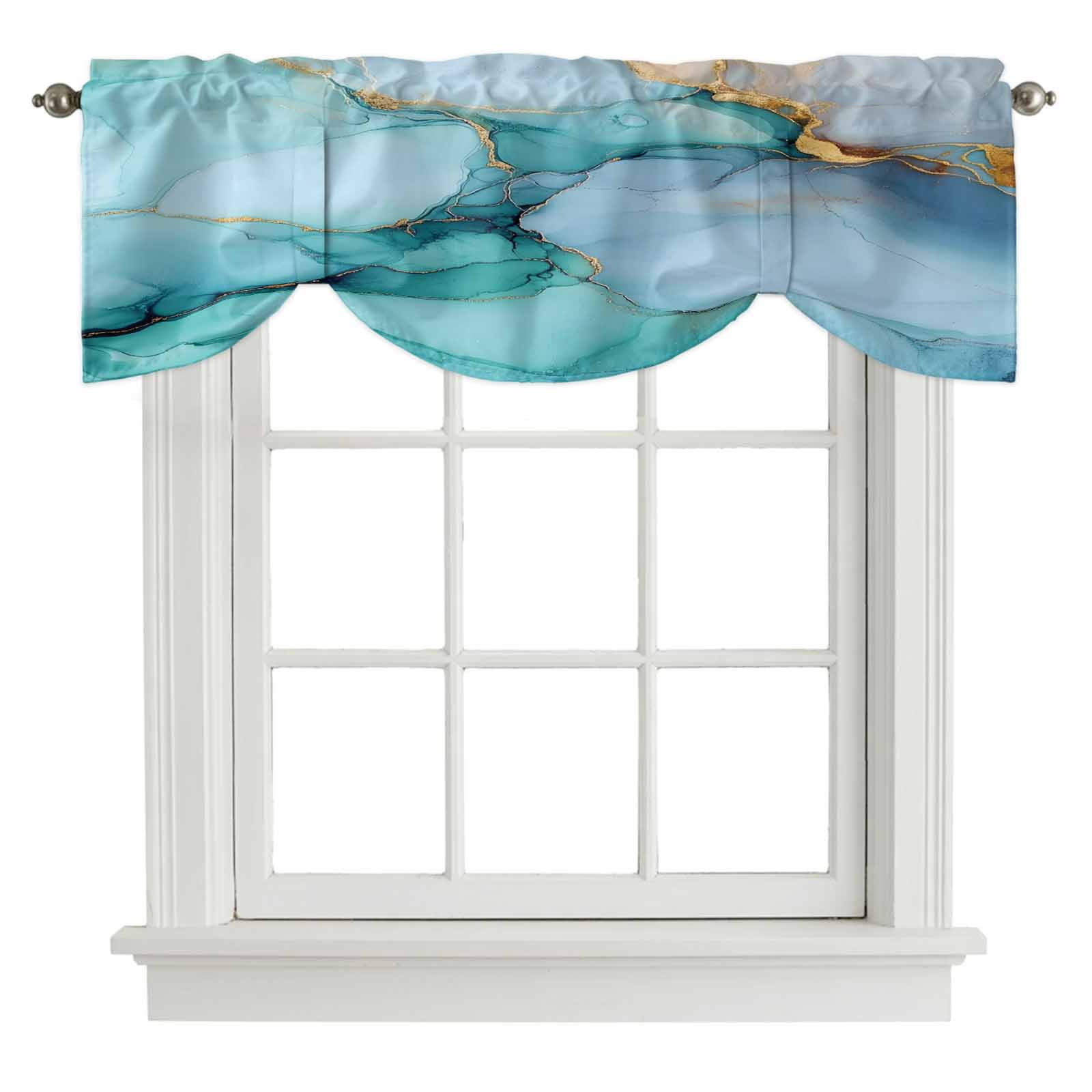 Tie Up Valances for Windows, Teal Marble Adjustable Valance Curtains ...