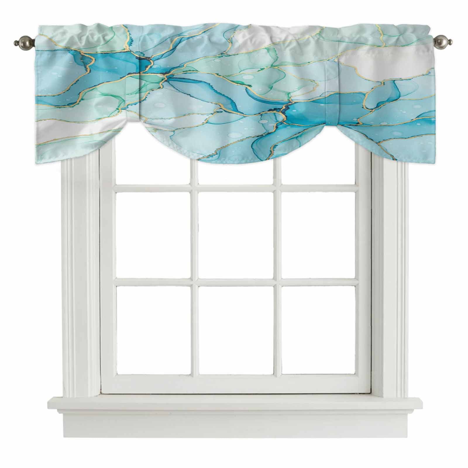 Tie Up Valances for Windows, Turquoise Blue Marble Adjustable Valance ...