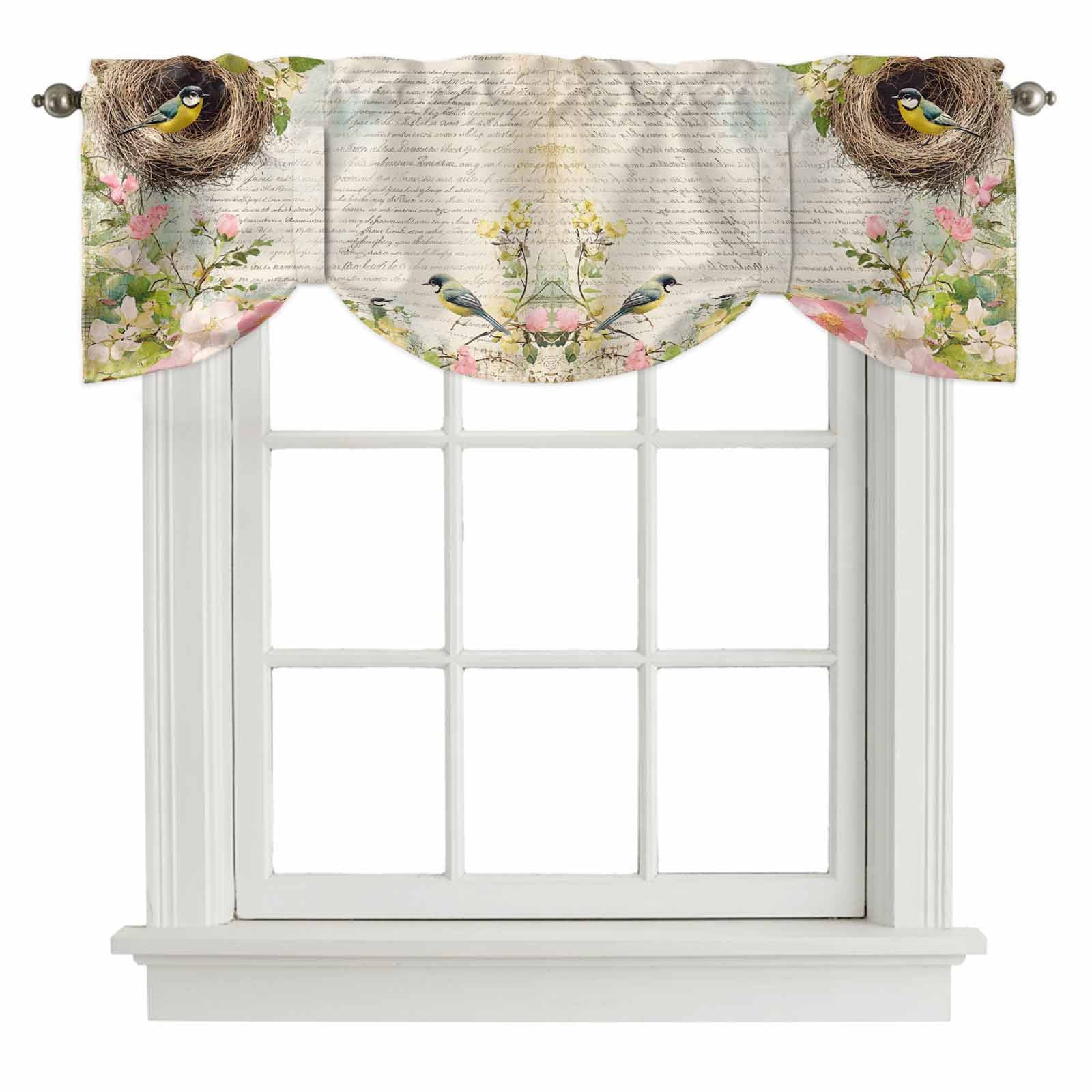 Tie Up Valances for Windows, Vintage Bird Flowers Adjustable Valance ...