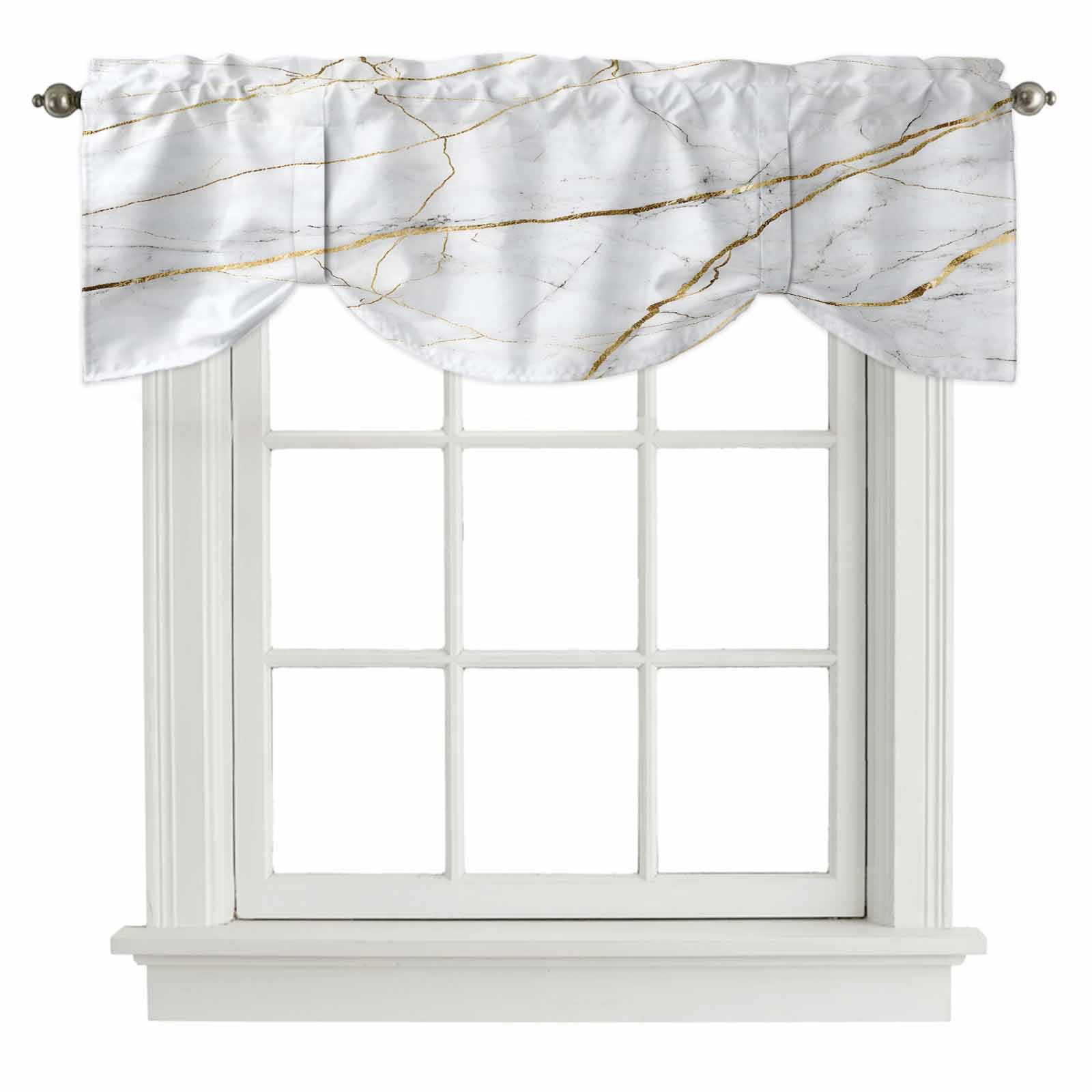 Tie Up Valances for Windows, White Marble Pattern Adjustable Valance ...