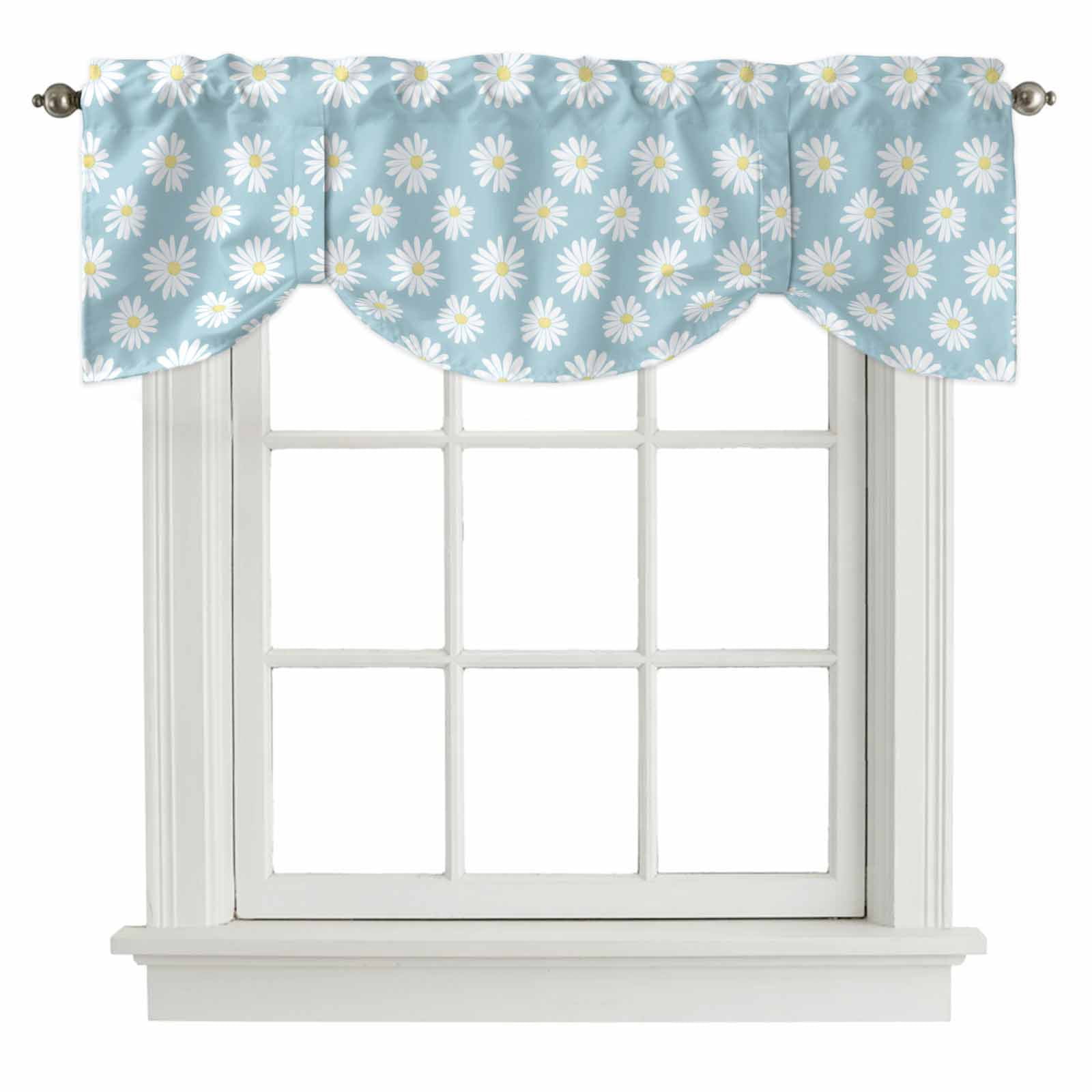 Tie Up Valances for Windows, White Teal Daisy Adjustable Valance ...