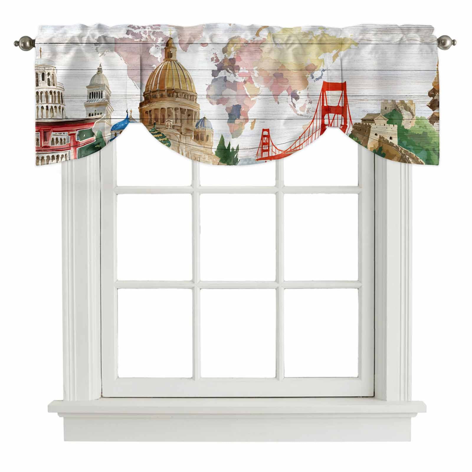 Tie Up Valances for Windows, World Map Adjustable Valance Curtains ...
