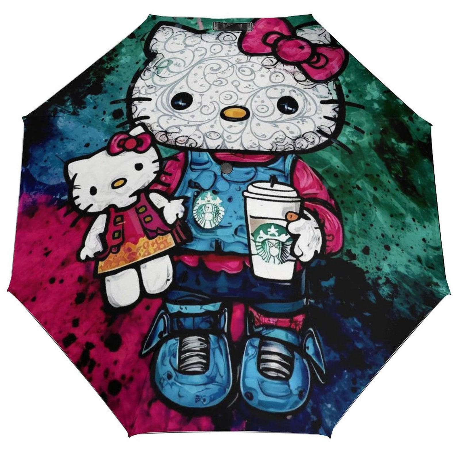 Tie-dyed Hello Kitty Travel Automatic Folding Rain Umbrellas with Cover ...