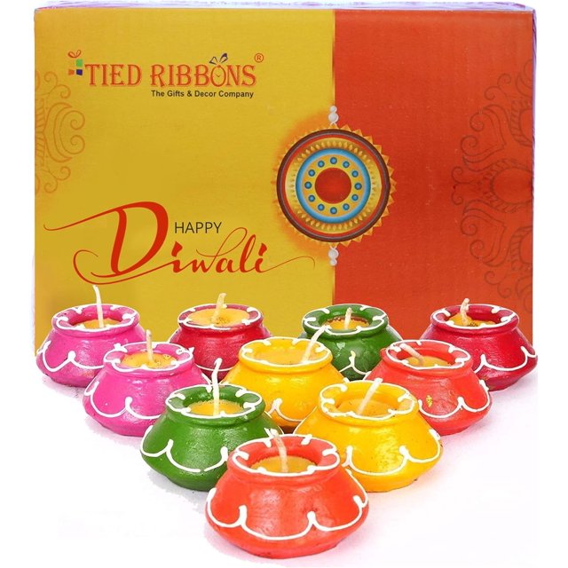 Tied Ribbons 10 pcs Handmade Wax Filled Clay Diya for Diwali | Diwali ...