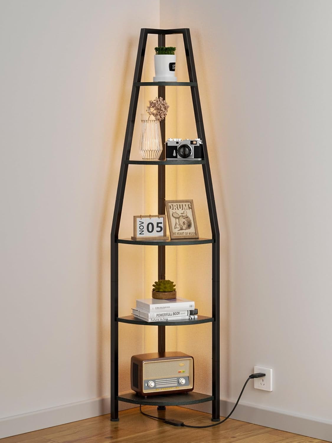 Tier Corner Shelf with LED Light, 67.2” Tall Standing Shelf for Wall ...