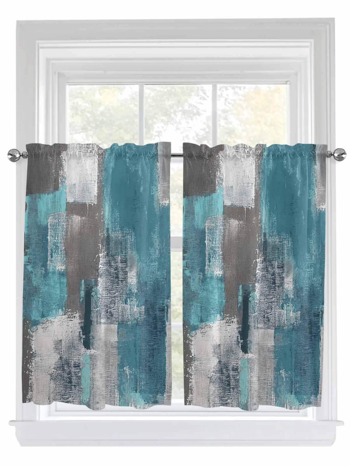 Tier Curtains 45 Inches Long, Turquoise Grey Window Treatment Curtain ...