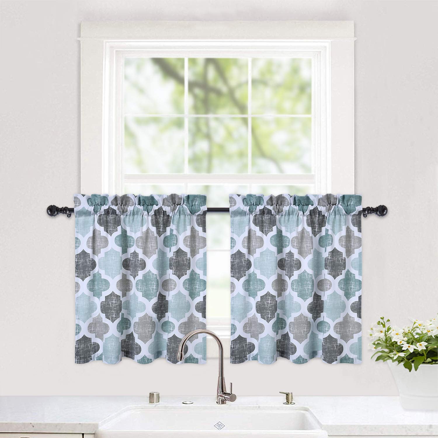 Tier Curtains, Geometric Pattern Short Bathroom Window Curtain, Cotton ...