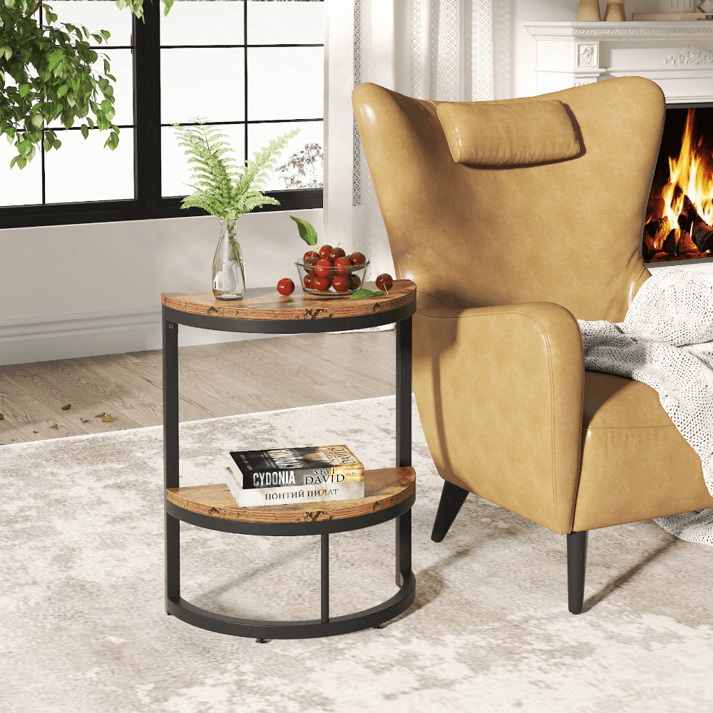 Tier End Table Half Round With Storage Shelf, Small Side Table Space ...