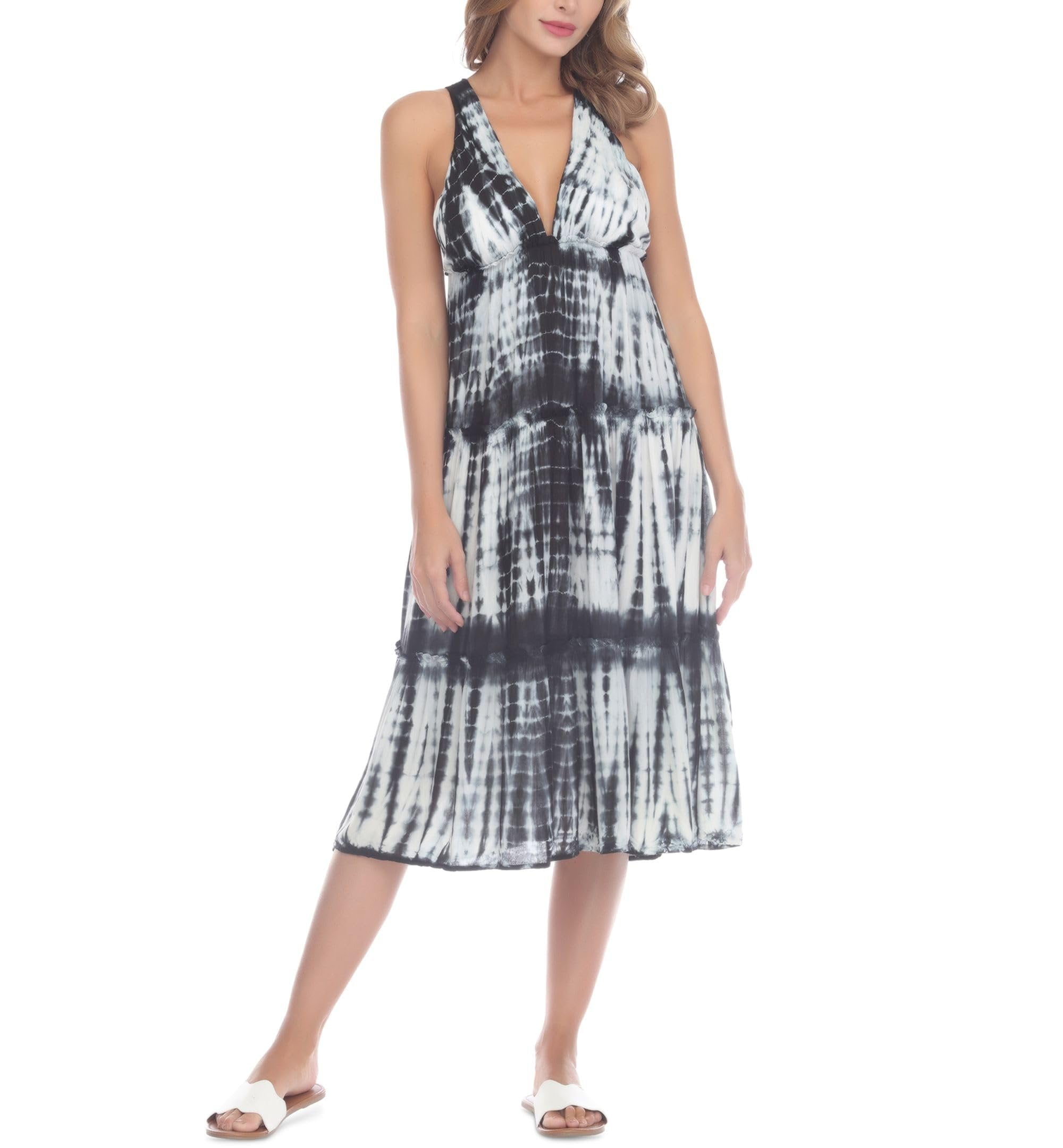 Raviya Women's Tiered Midi Dress Coverup Black Tie Dye M New - Walmart.com