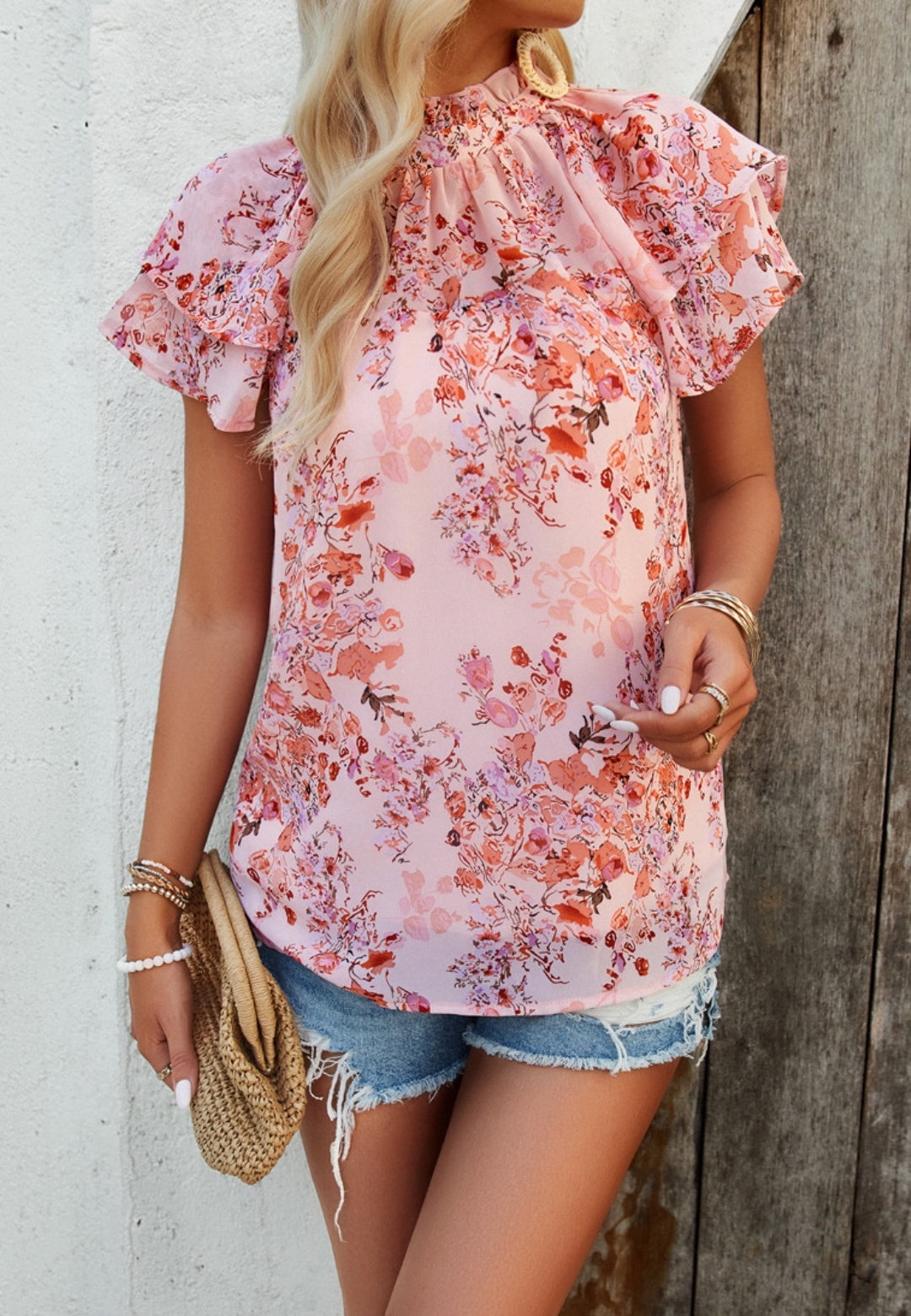 Tiered Short Sleeve Floral Blouse, Pink, Large - Walmart.com