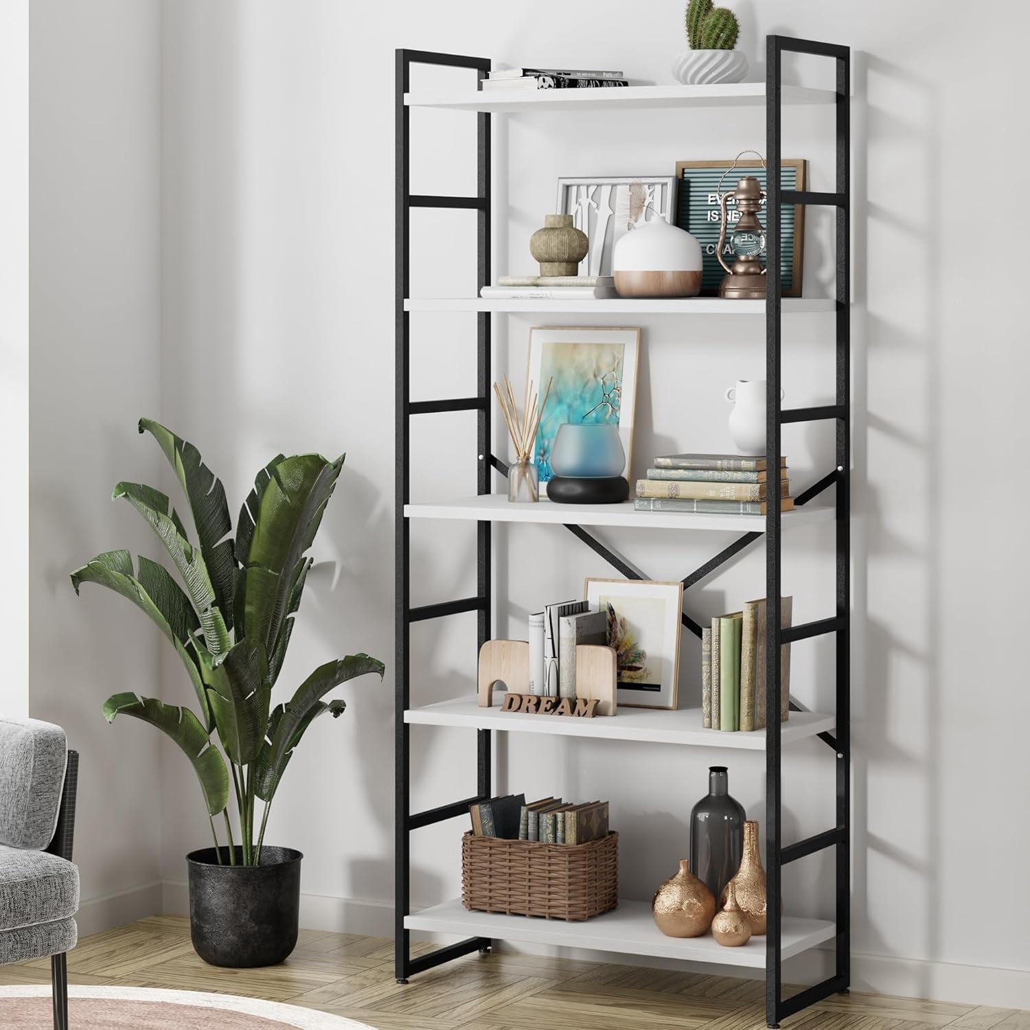 Shintenchi 5 Tiers Bookshelf, Classically Tall Bookcase Shelf ...