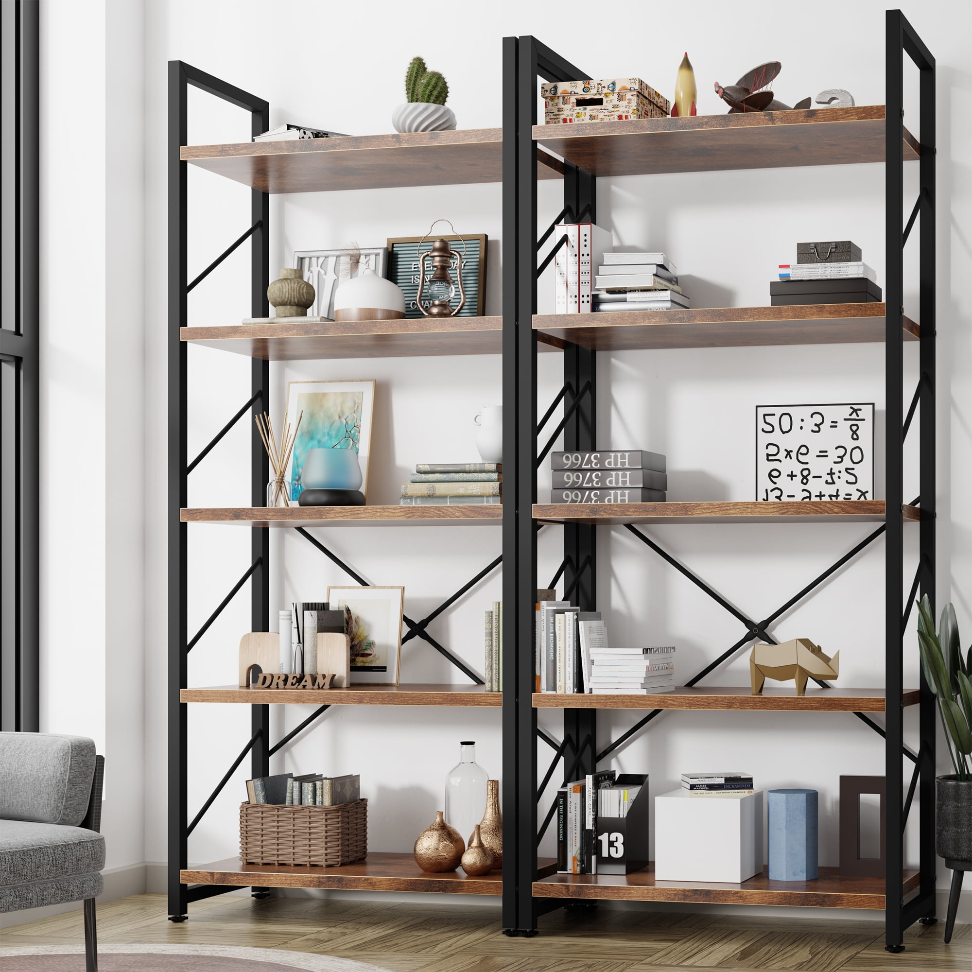 Shintenchi 2 Pieces 5 Tiers Bookshelf, Classically Tall Bookcase Shelf, Industrial Book Rack ...