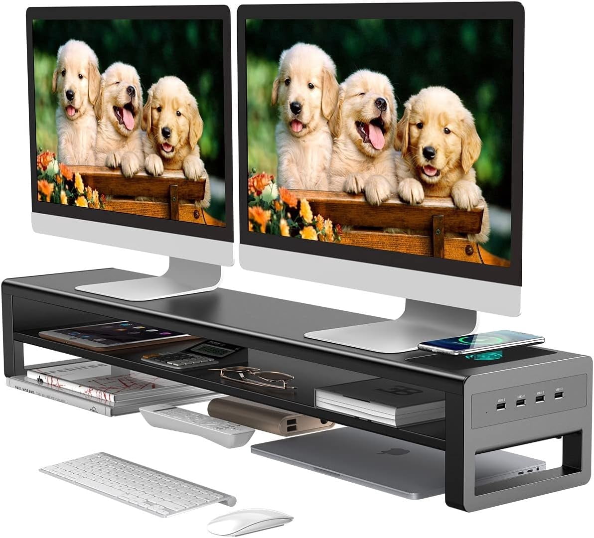 Tiers Dual Monitor Stand with Auto Charging Pad Ports Double Monitor ...