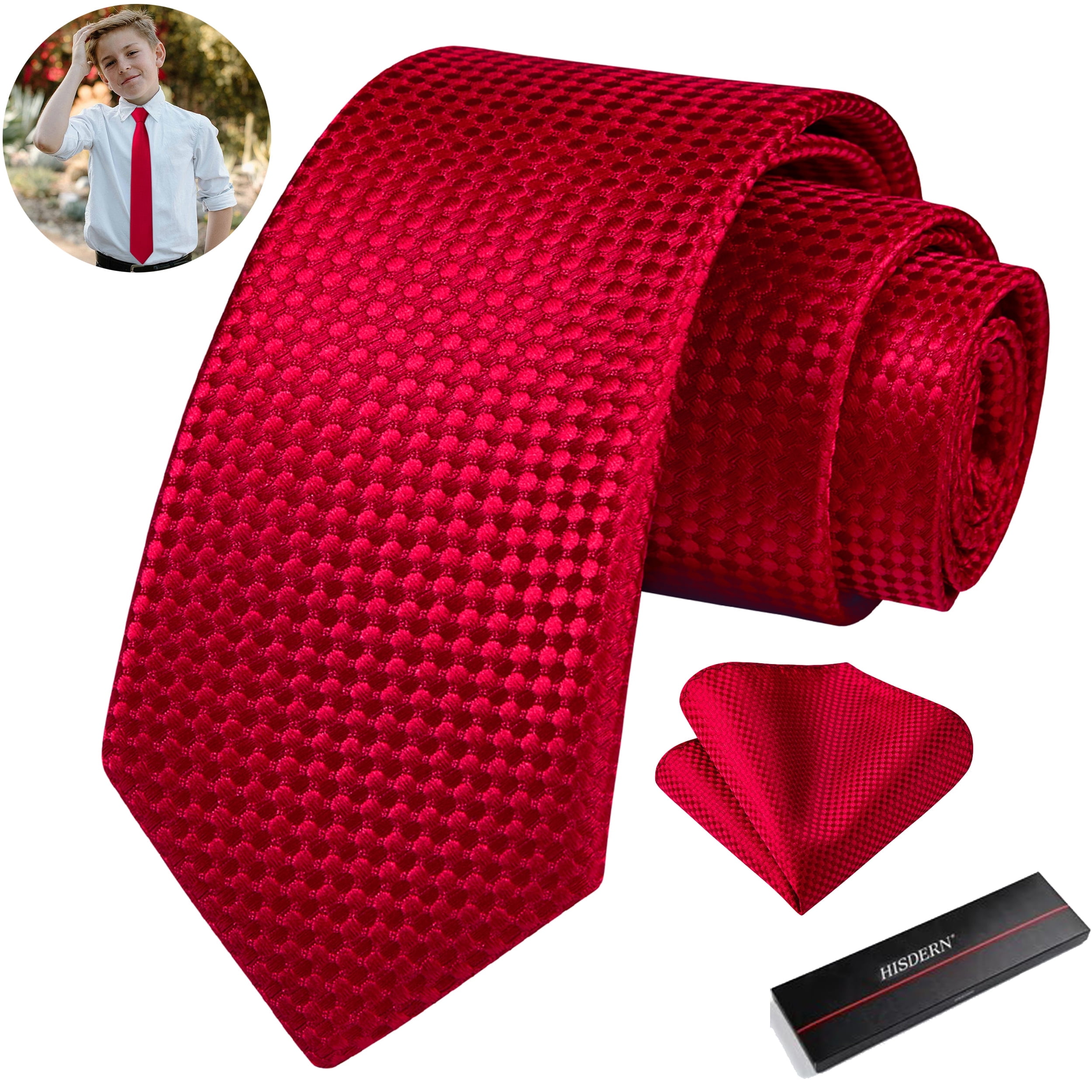 Ties For Boys Red Necktie Pocket Square Set Youth Tie for Kids School ...