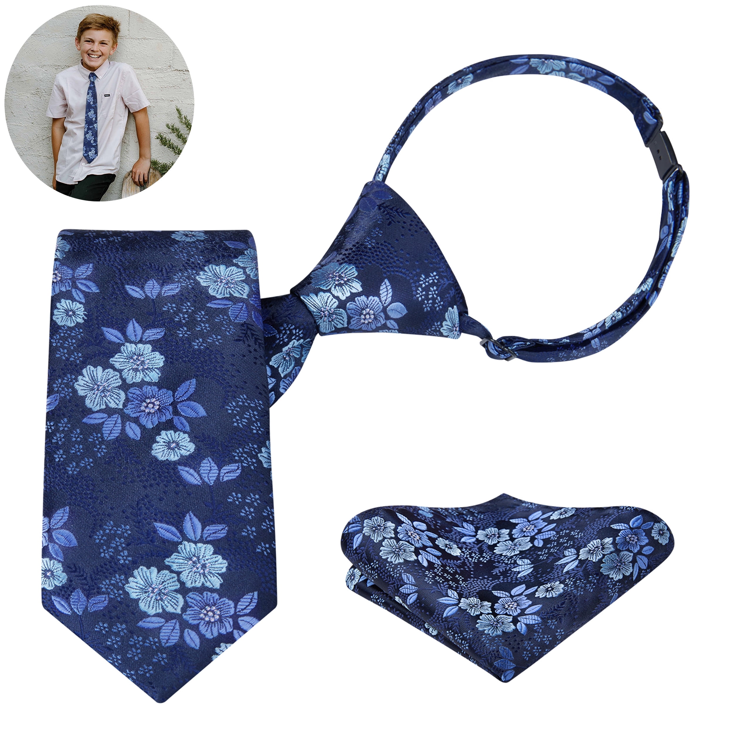 HISDERN Boys Necktie Set, 38" Pre-tied with Pocket Square, Blue Floral ...