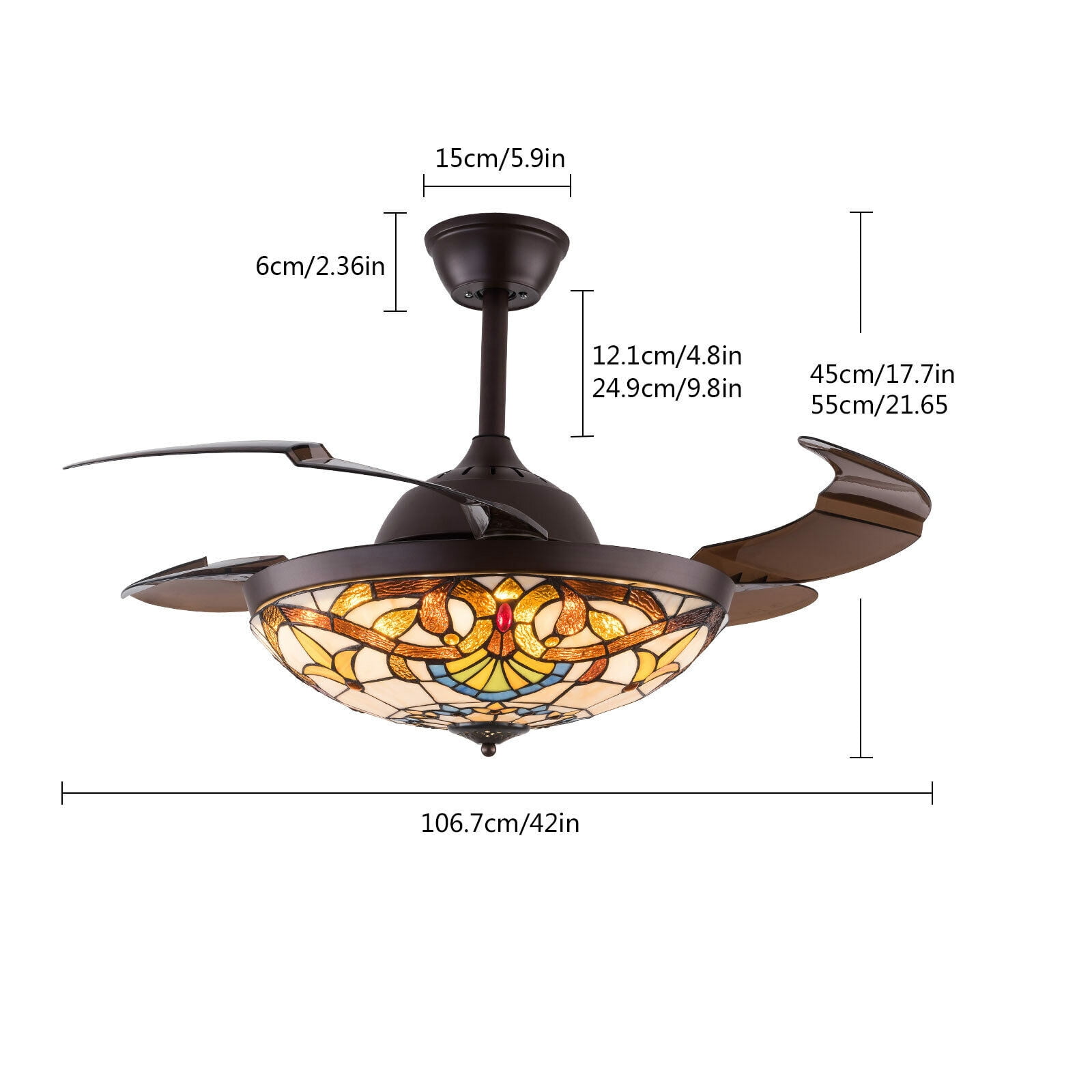 Tiffany Ceiling Fan with Light Glass Shade , LED Retractable Chandelier ...