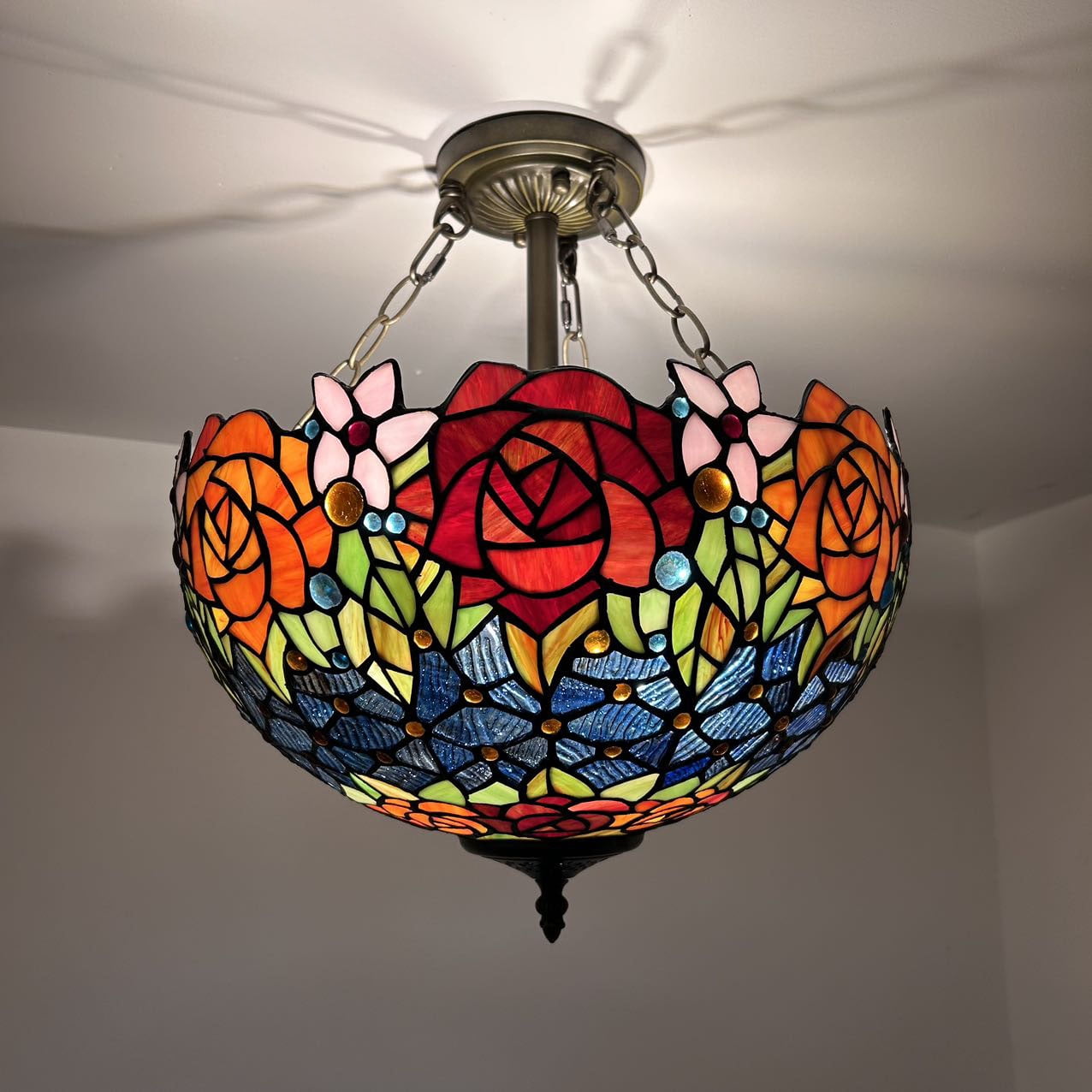 Tiffany Ceiling Lights Blue Red Orange Stained Glass Rose Flowers LED ...