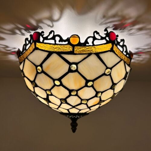 Tiffany Ceiling Lights Fixture Beige Stained Glass Crystal Beans LED ...