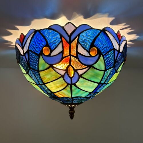 Tiffany Stained Glass 12-Light Ceiling Fixture with Blue Green Glass ...