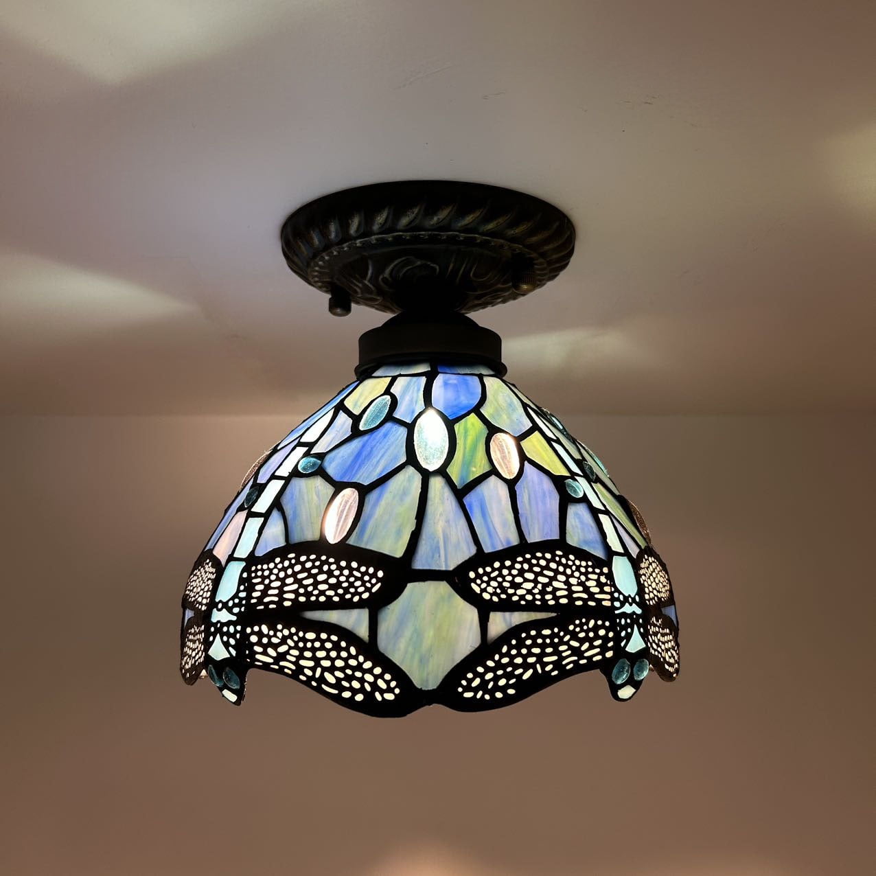 Tiffany Blue Stained Glass Dragonfly 1-Light Ceiling Light for Living ...