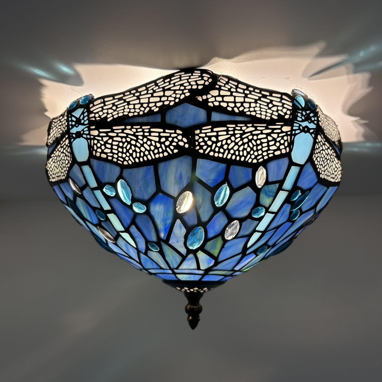 Tiffany Ceiling Lights Fixture Blue Stained Glass Dragonfly LED Bulbs ...
