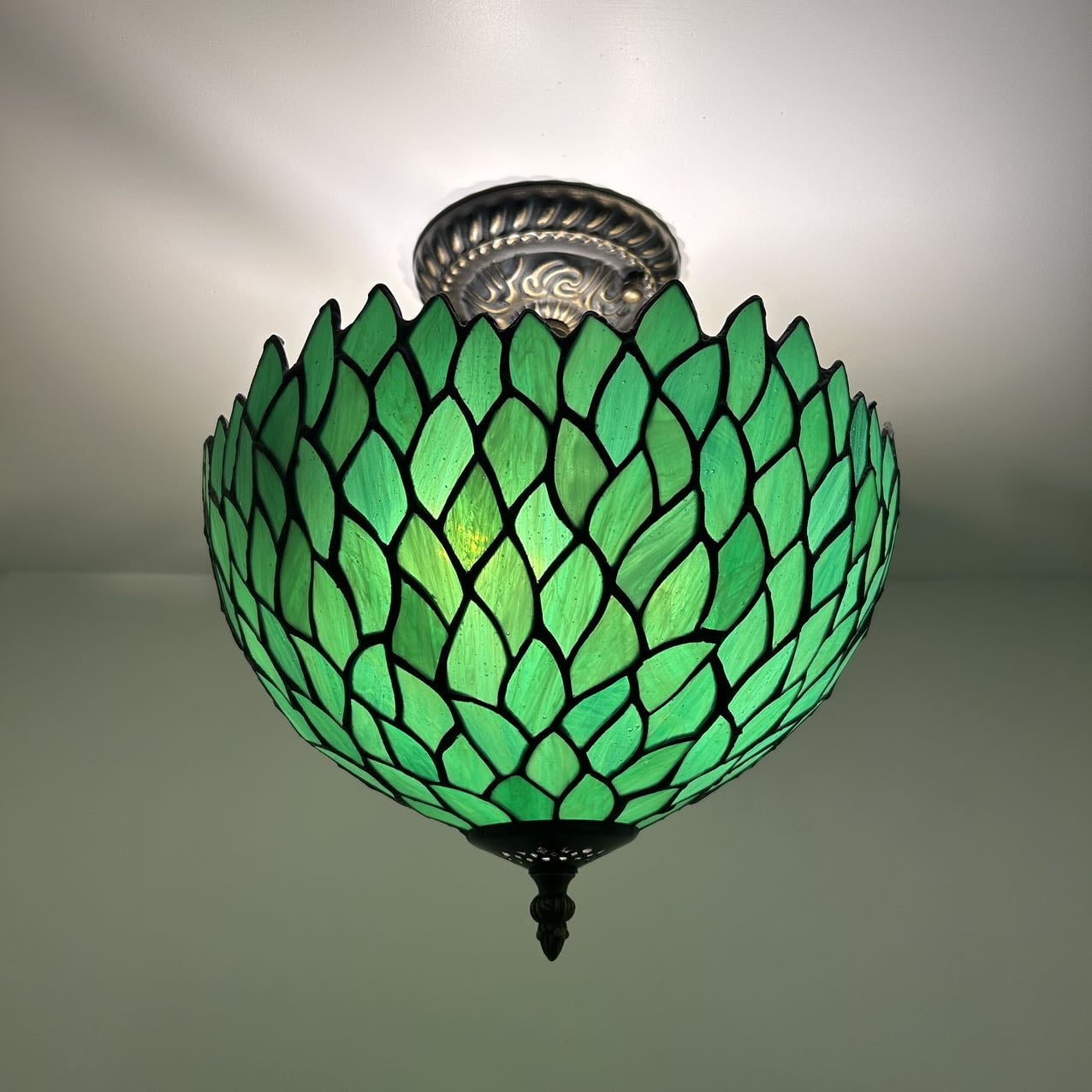Tiffany Ceiling Lights Fixture Green Stained Glass Leaves LED Bulbs ...